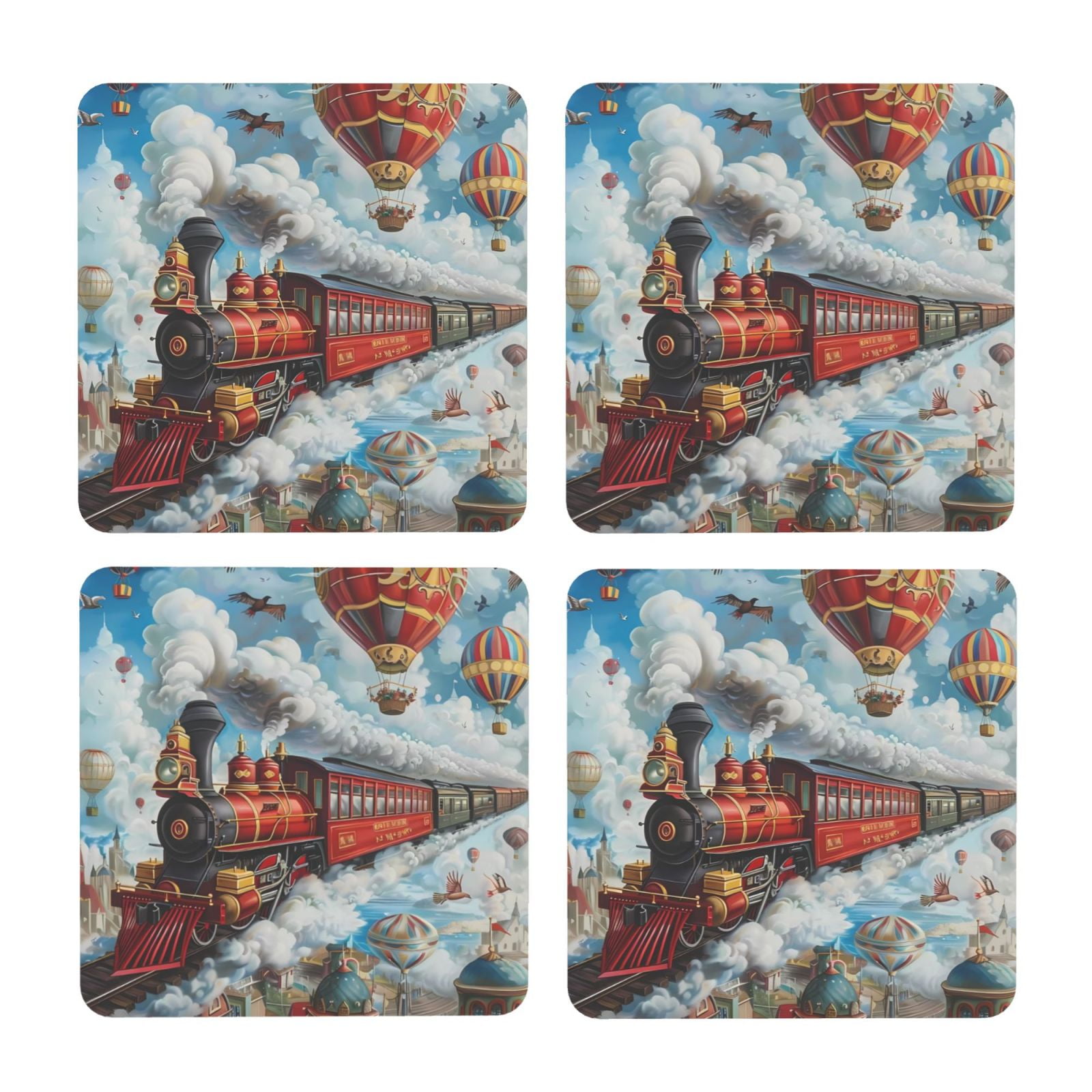Sikiie Red Train Hot Air Balloon MDF Cork Coaster 4 Pcs - Absorbent ...