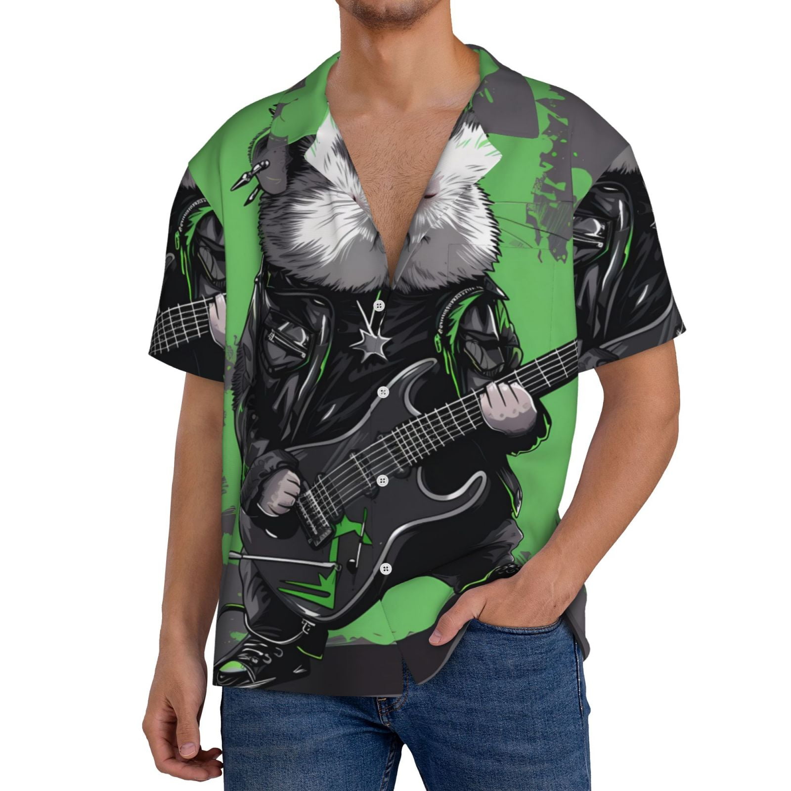 Sikiie Rock Guitar Guinea Pig Men's Wrinkle Free Untucked Cuban Shirt ...