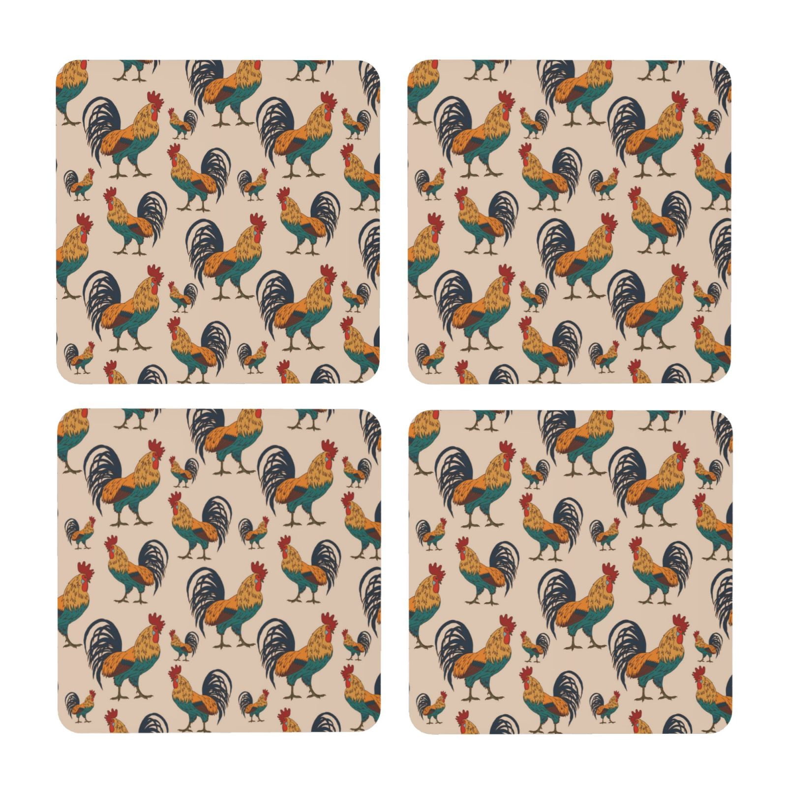 Sikiie Rooster MDF Cork Coaster 4 Pcs - Absorbent Beverage Coasters for ...