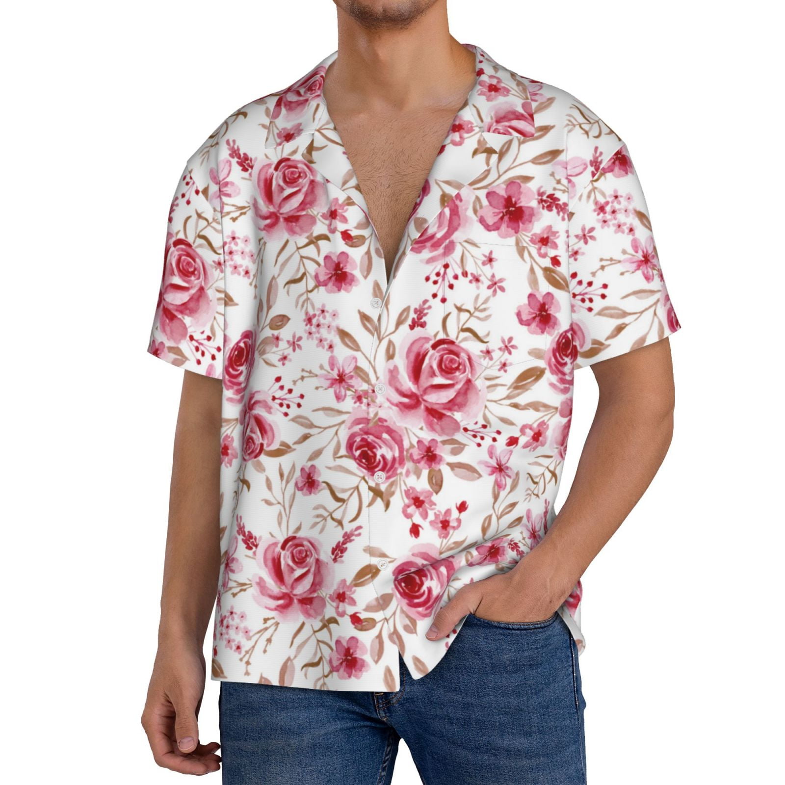 Sikiie Rose Flowers Men's Wrinkle Free Untucked Cuban Shirt Business ...