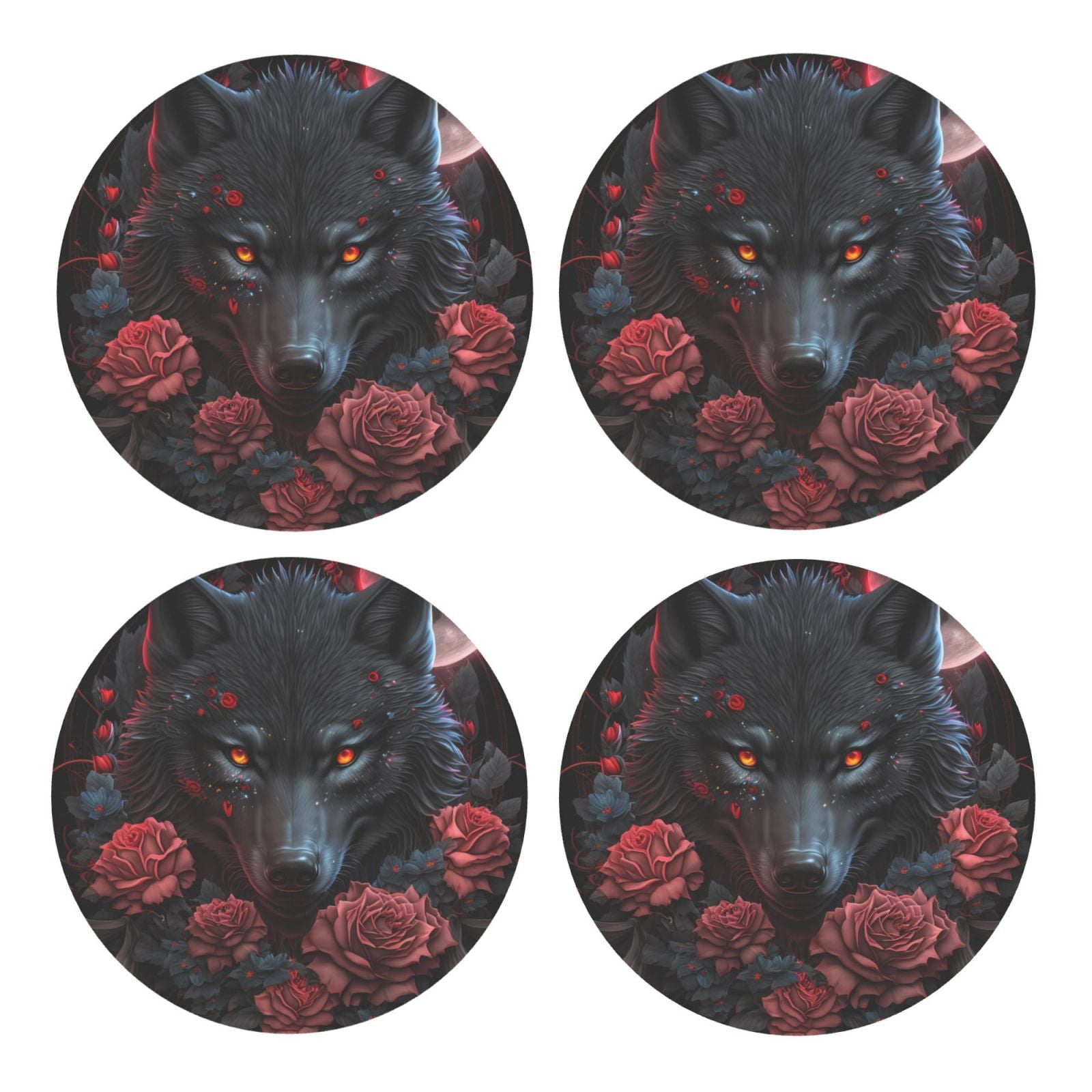 Sikiie Rose Full Moon Black Wolf MDF Cork Coaster 4 Pcs - Absorbent ...