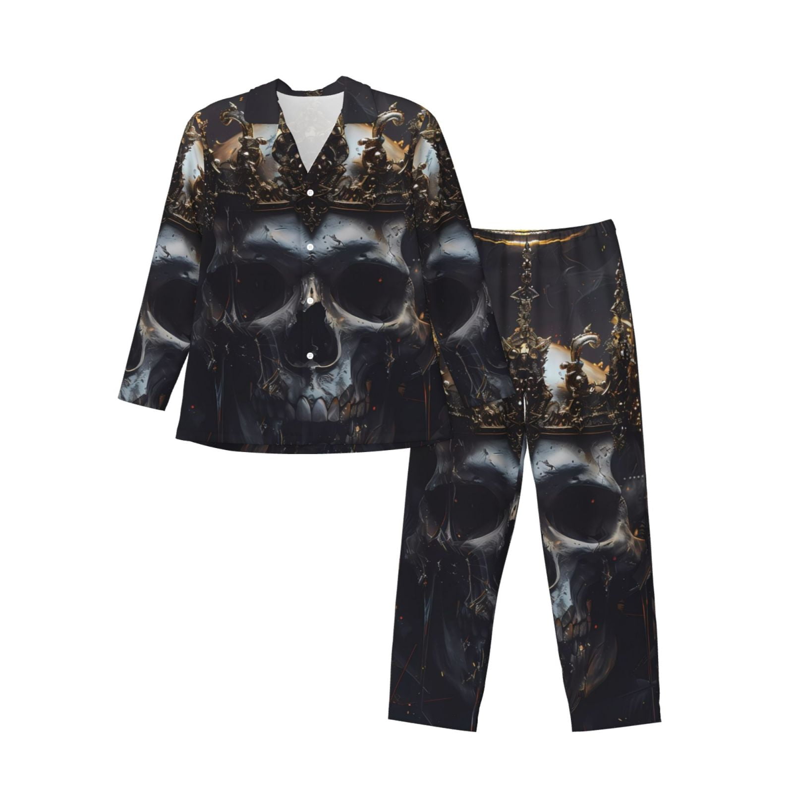 Sikiie Royal Skull With Golden Crown Mens Pajama Set, Soft Warm Long ...