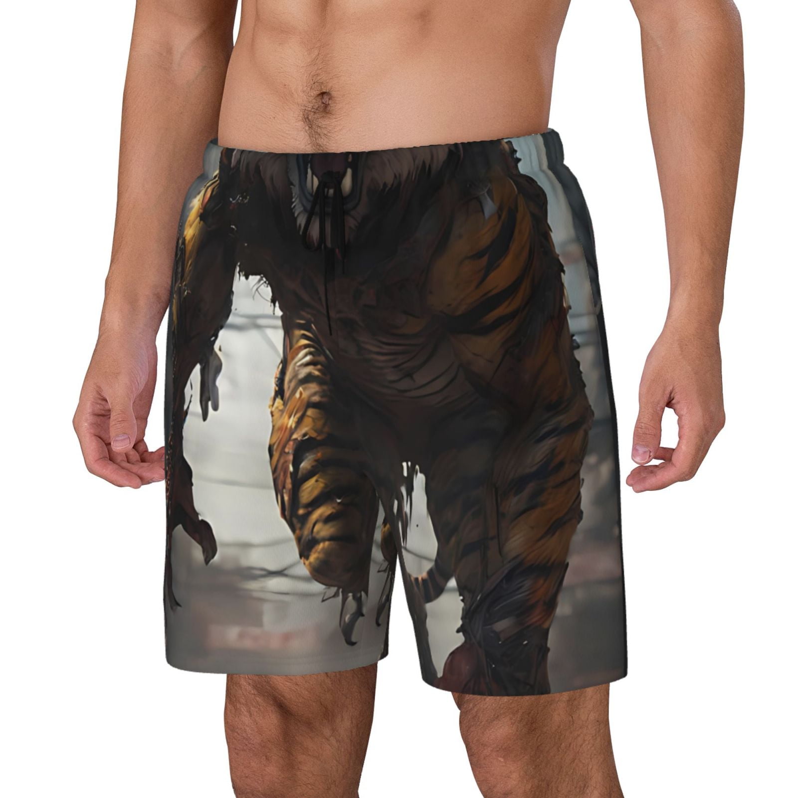 Sikiie Ruins Tiger Warrior Print Men's Double Layer Swimming Trunks ...