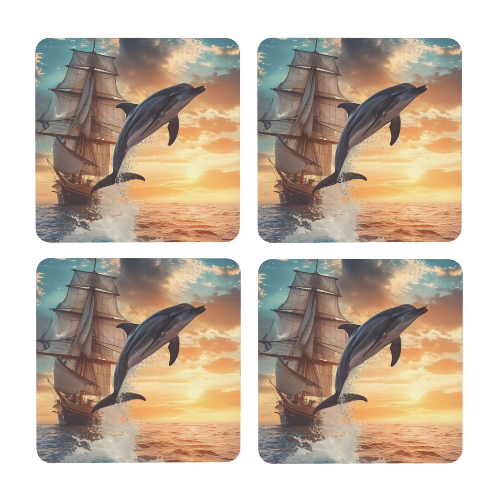 Sikiie Sailing Dancing Dolphin MDF Cork Coaster 4 Pcs - Absorbent ...