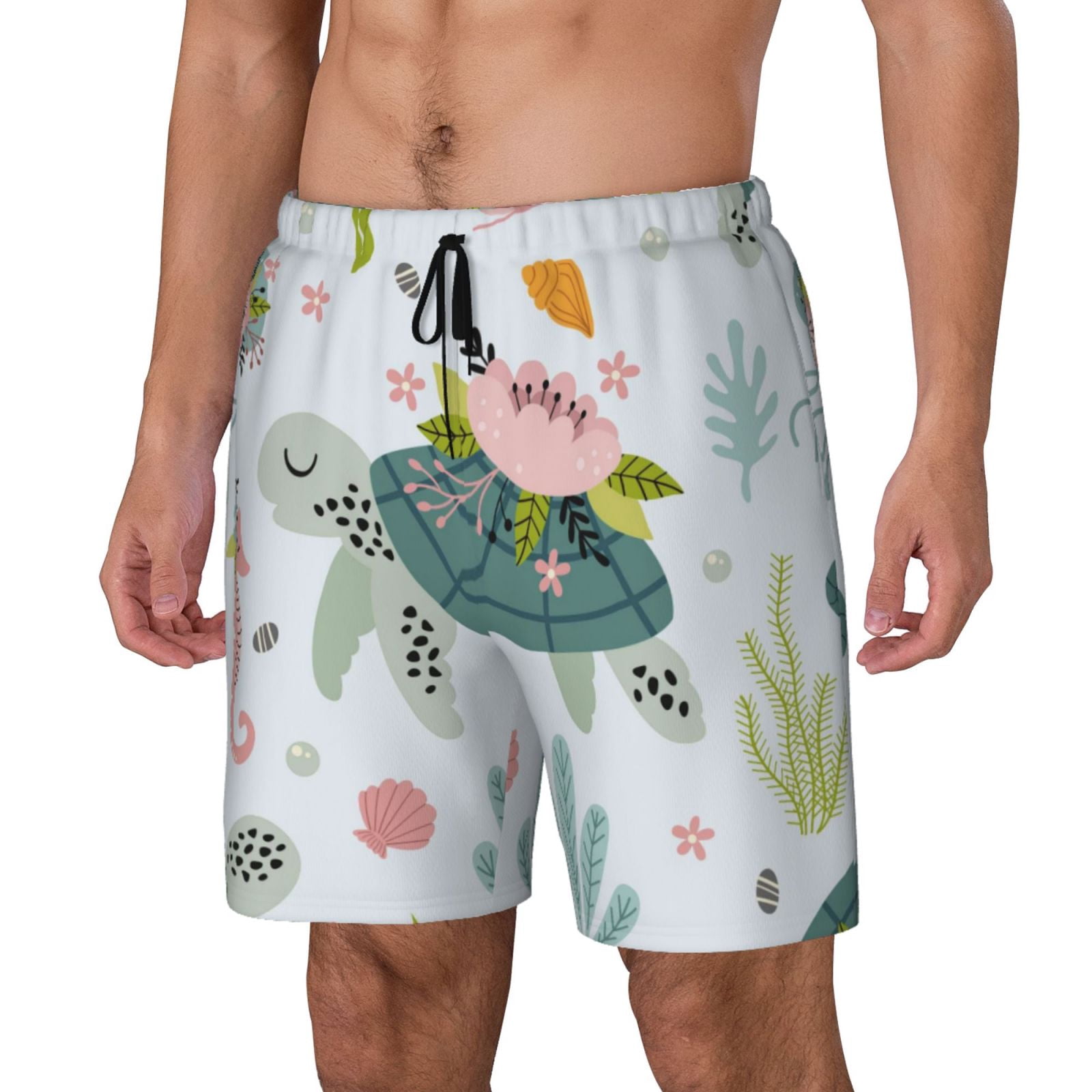 Sikiie Sea Animal Print Men's Double Layer Swimming Trunks, Adjustable ...