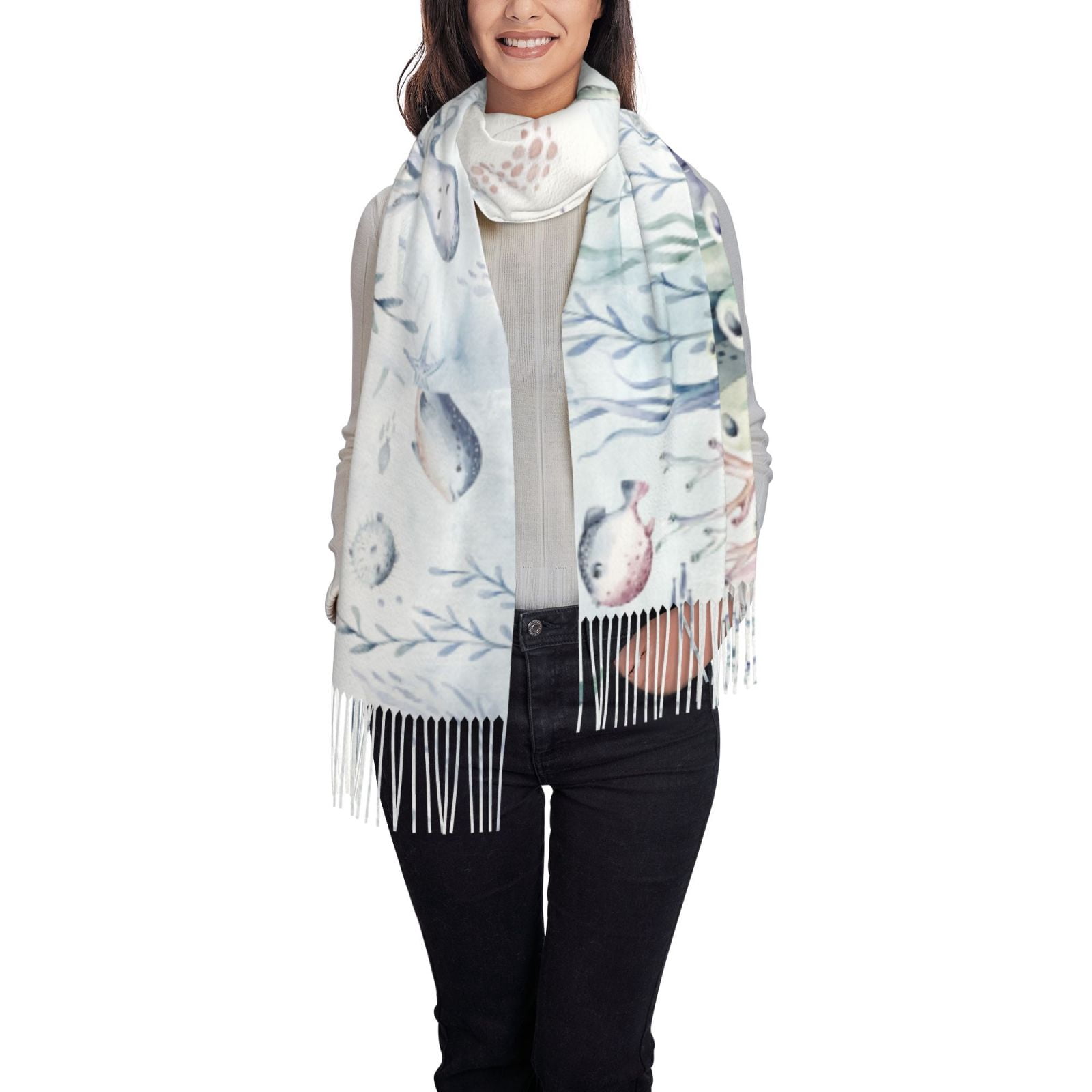 Sikiie Sea Animals Shawl Wraps Big Scarf Tassel Fall Winter Thick Scarf ...