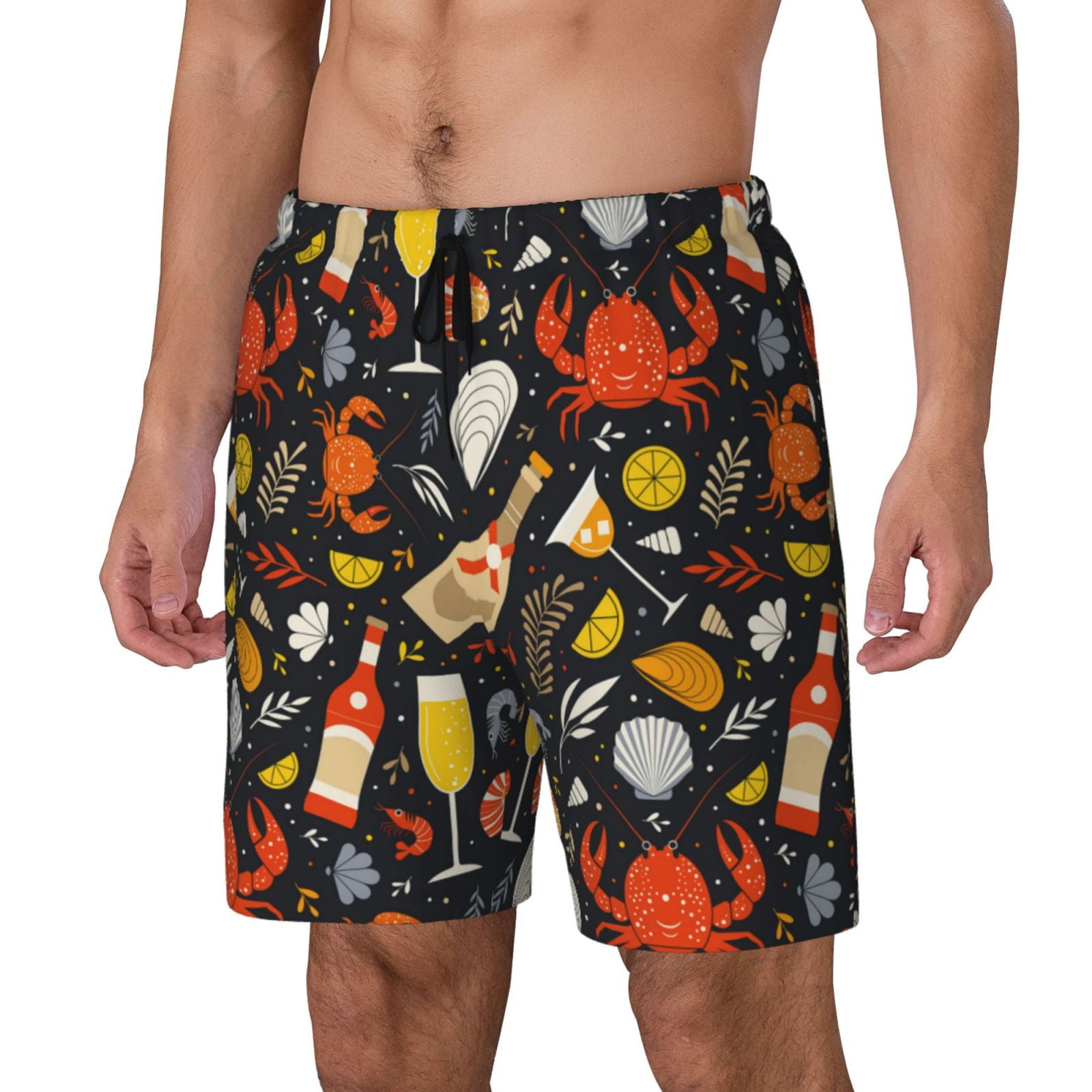 Sikiie Seafood And Drinks Print Men's Double Layer Swimming Trunks ...