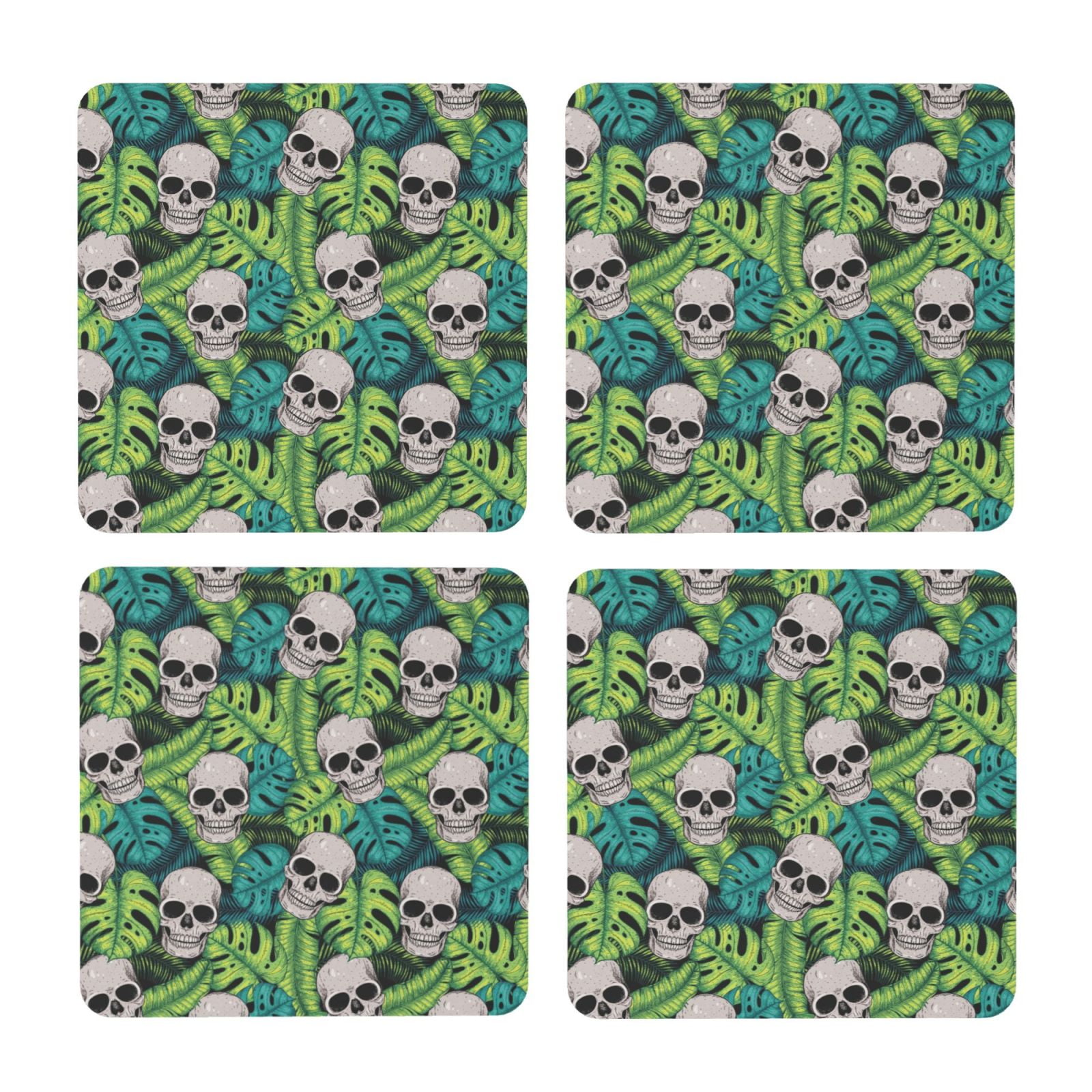 Sikiie Skull and Palm Leaves MDF Cork Coaster 4 Pcs - Absorbent ...