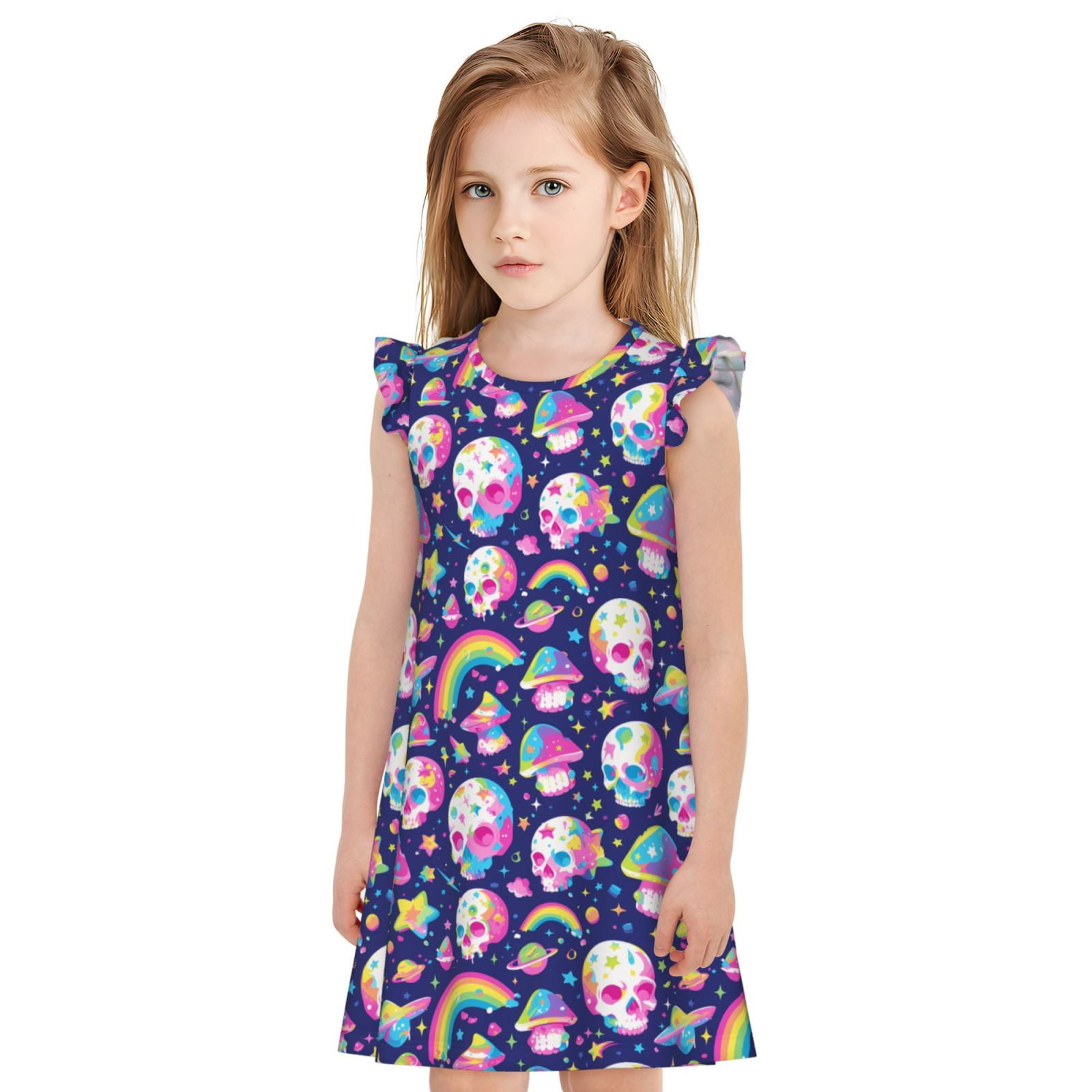 Sikiie Skull mushroom rainbow space Girls Nightgowns 3-10 Years Flutter ...