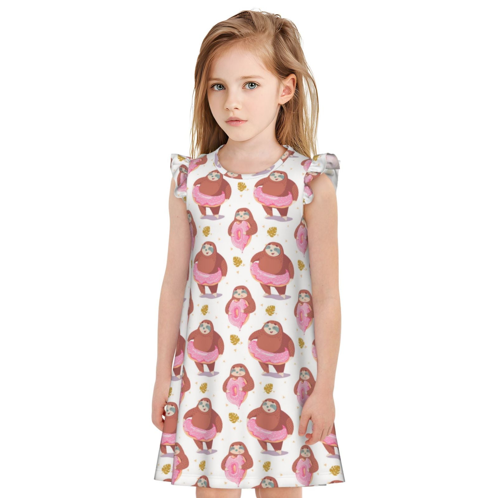 Sikiie Sloth with Donuts1 Girls Nightgowns 3-10 Years Flutter Short ...