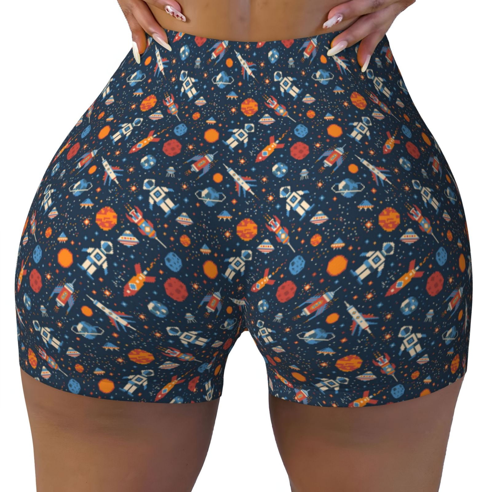 Sikiie Spaceships And Stars In Outer Space Print Workout Shorts Women ...