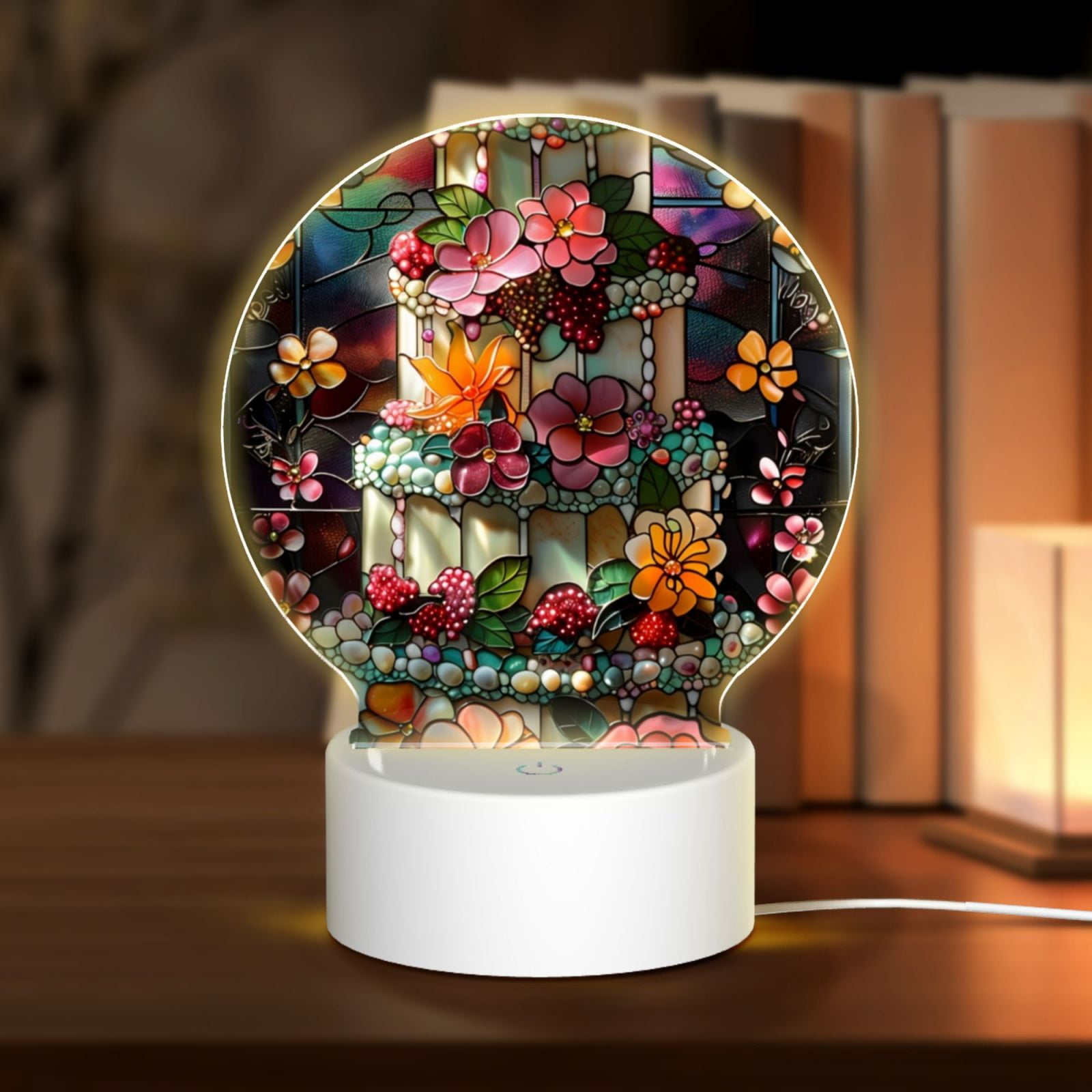 Sikiie Stained Glass Floral Cake Acrylic Night Light Gift Custom ...