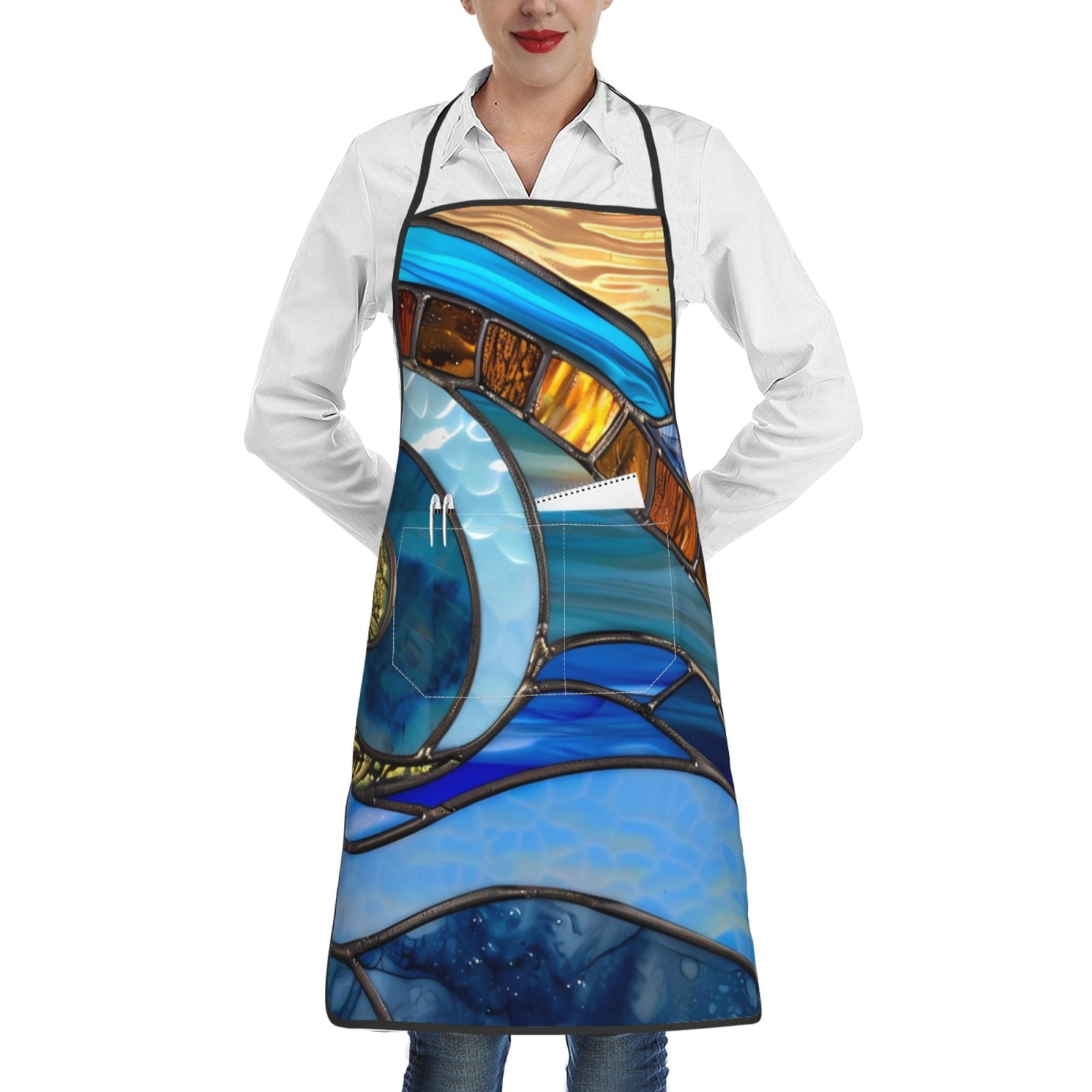 Sikiie Stained Glass Ocean Wave Aprons for Kitchen Cooking Aprons, Chef ...