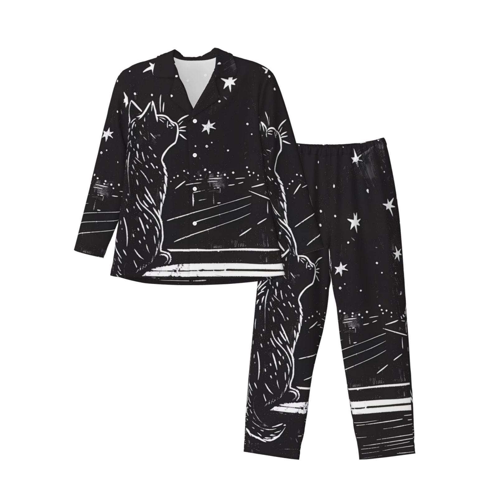 Sikiie Star Gazing Cat Illustration Mens Pajama Set, Soft Warm Long ...