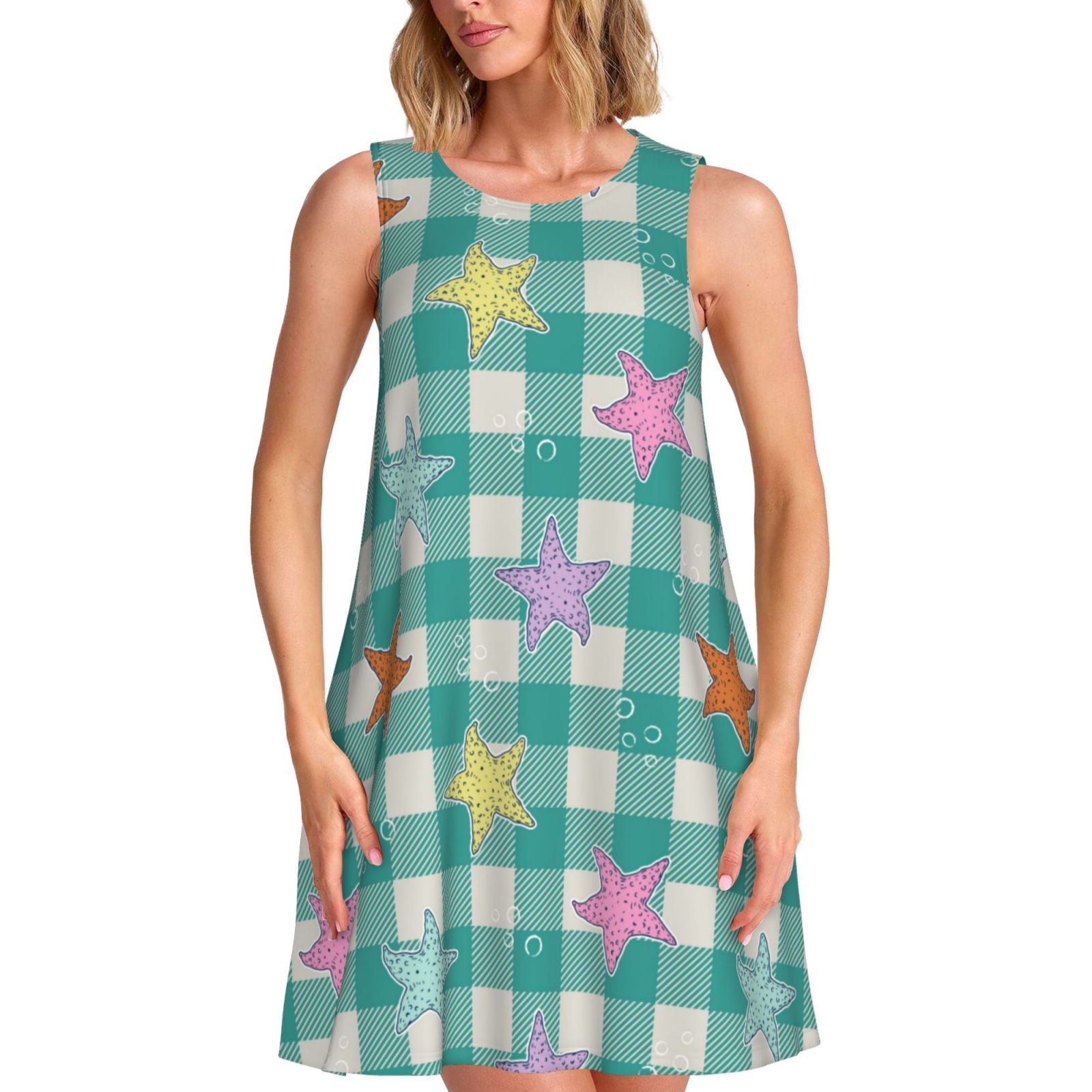Sikiie Starfish On Checkered Background Print Women's Sleeveless Dress ...