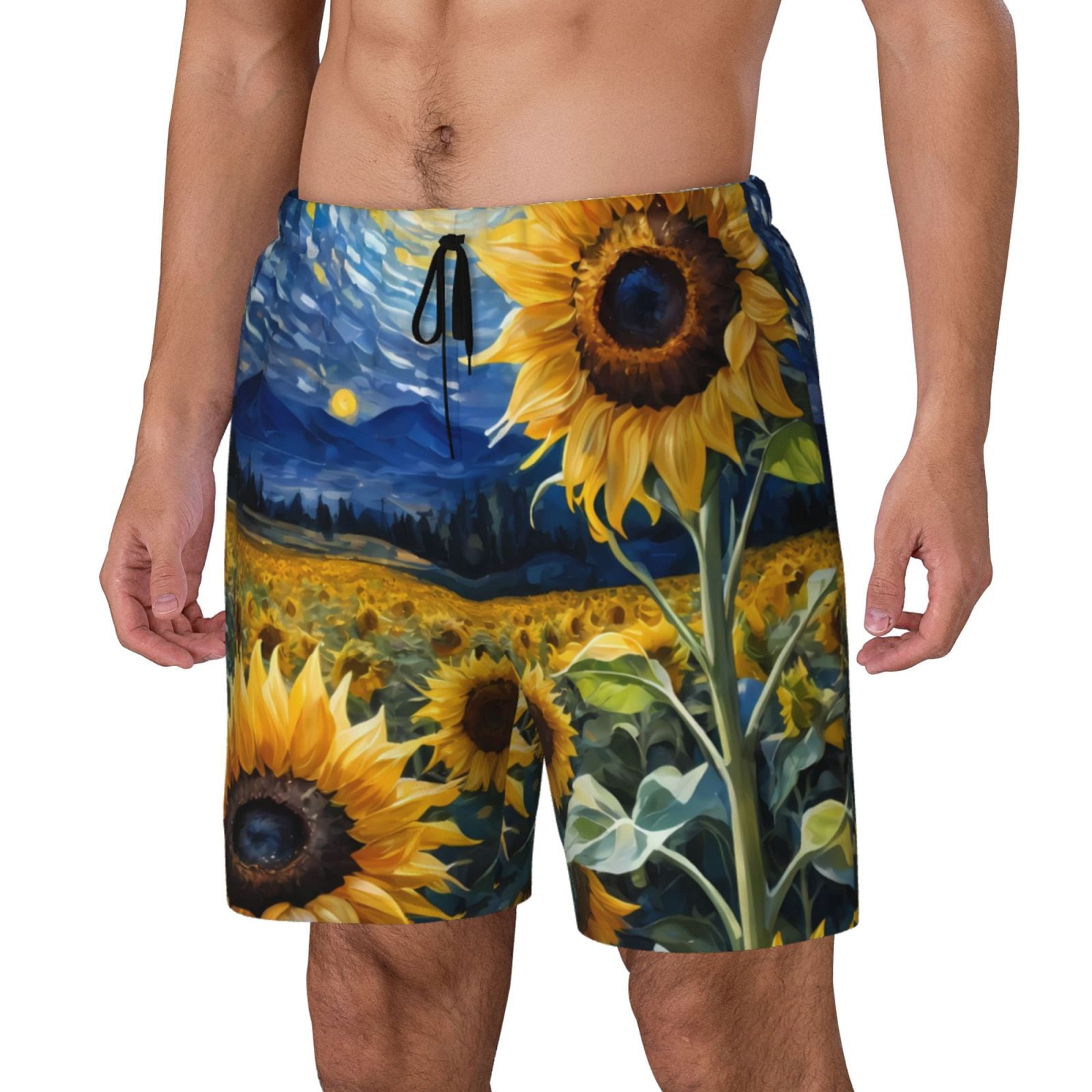 Sikiie Starry Sky Sunflower Print Men's Double Layer Swimming Trunks ...