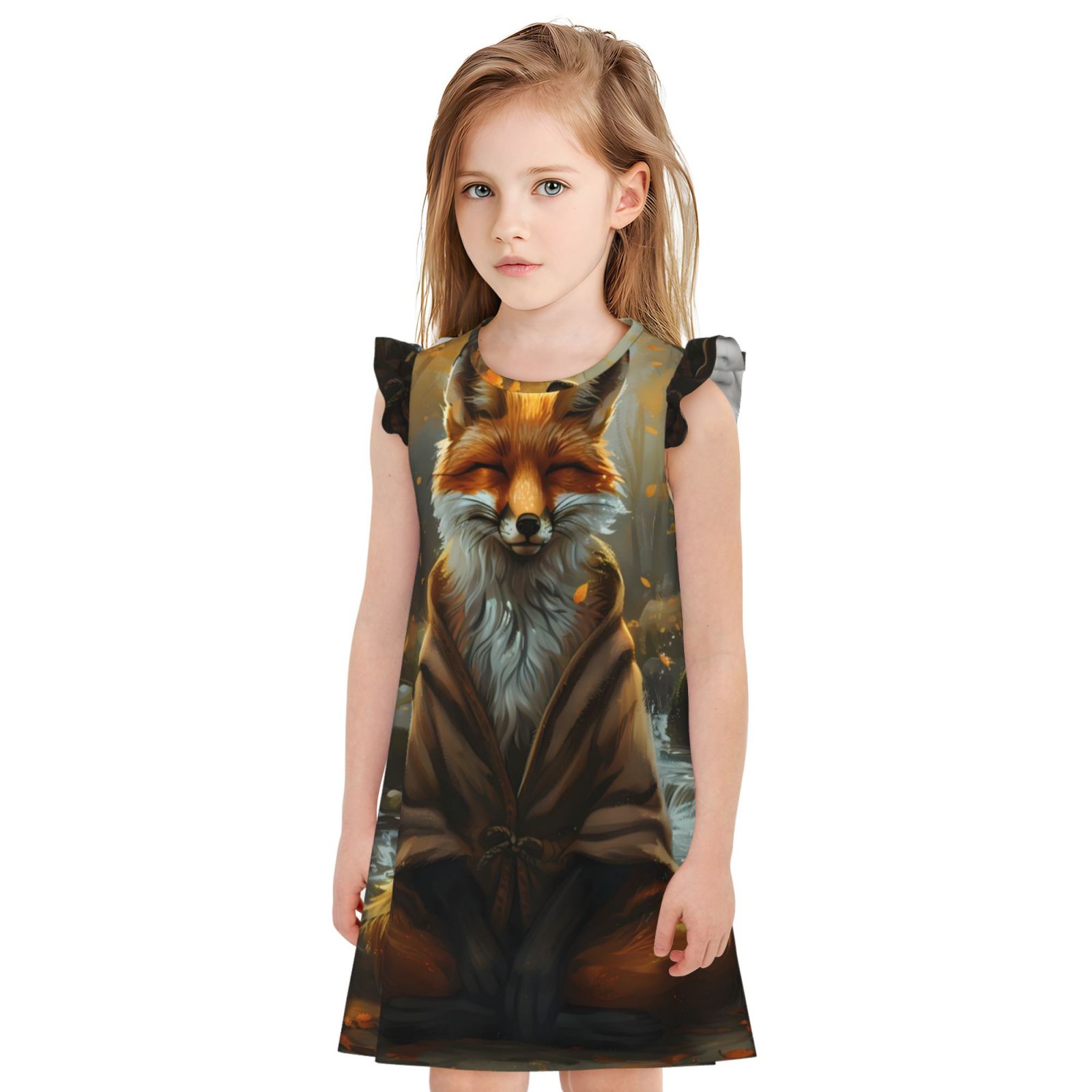 Sikiie Streamside Meditating Fox Girls Nightgowns 3-10 Years Flutter Short Sleeves Nightdress ...