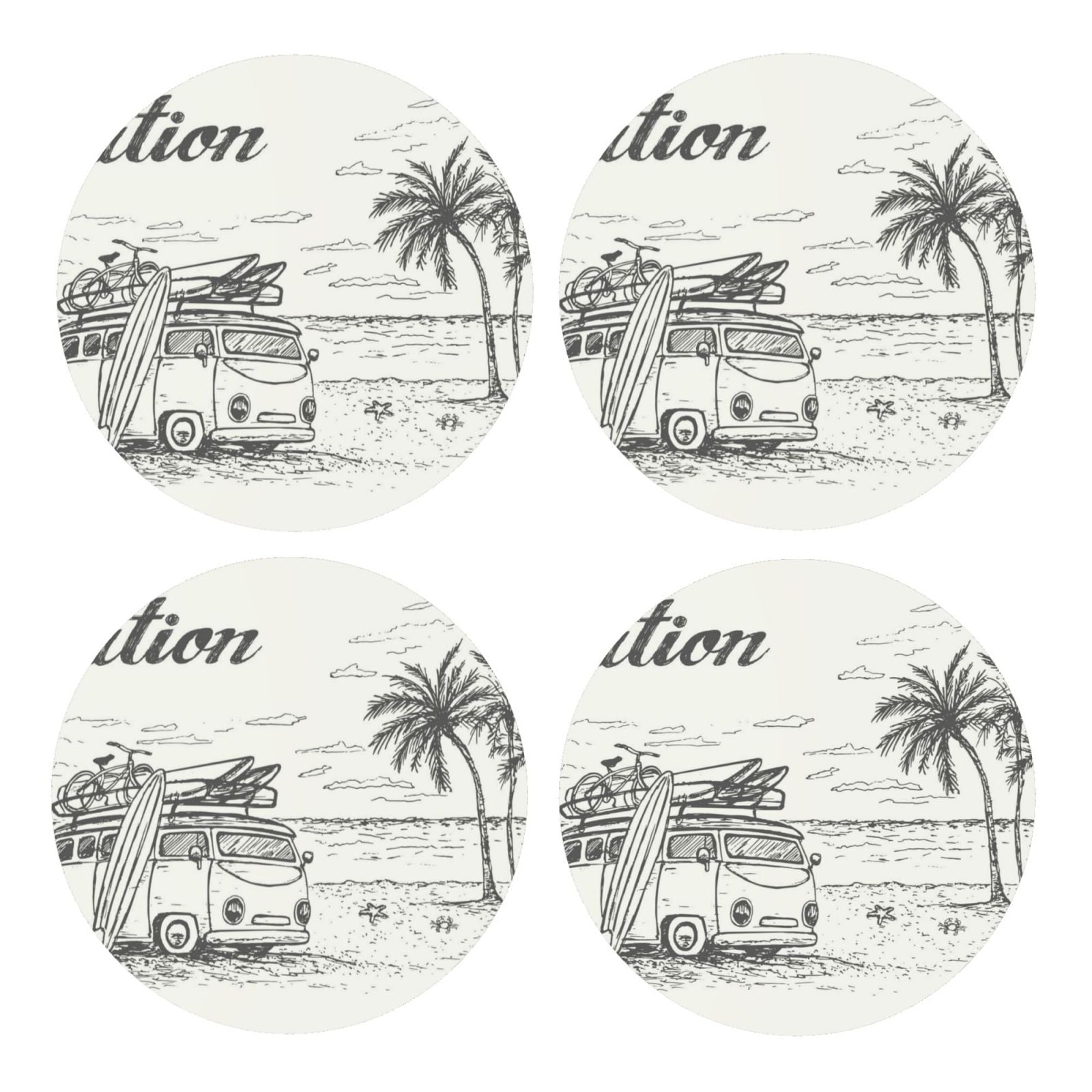 Sikiie Summer Vacation Scene With Camping Van MDF Cork Coaster 4 Pcs ...