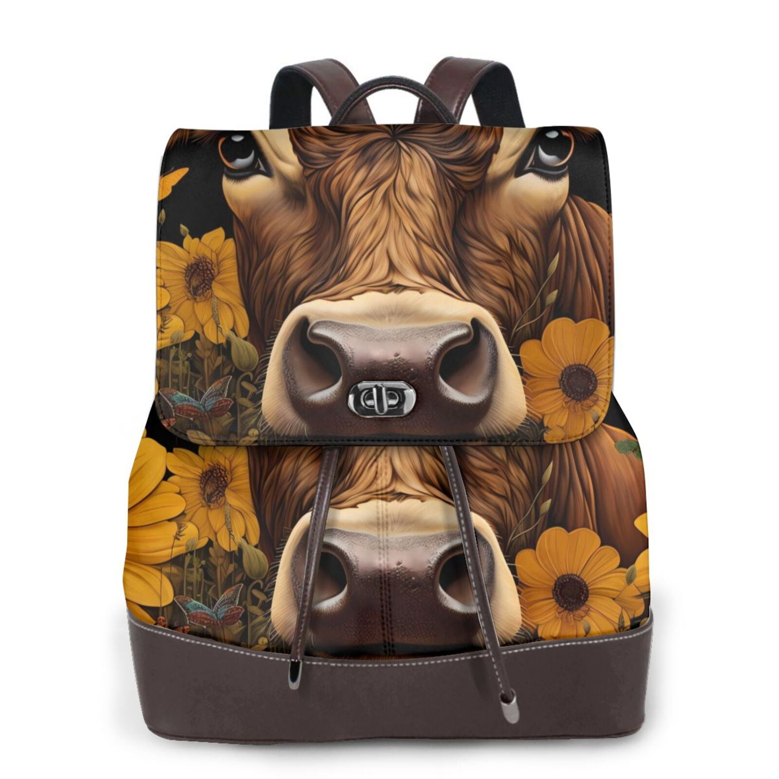 Sikiie Sunflower Butterfly Cow Women Genuine Leather Backpack Fashion ...