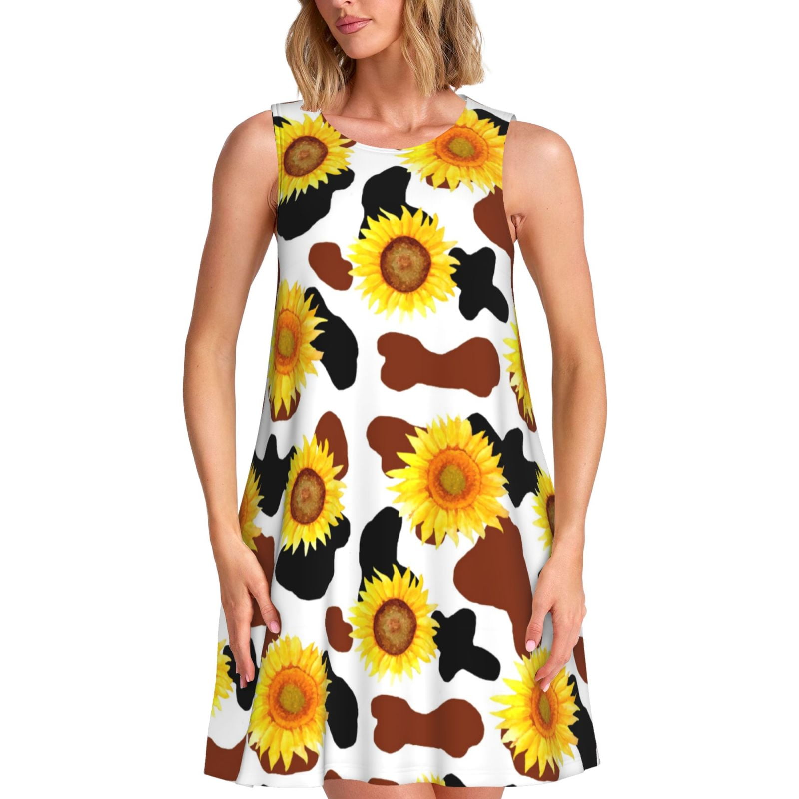 Sikiie Sunflower Cow Print Women's Sleeveless Dress with Pockets Round ...