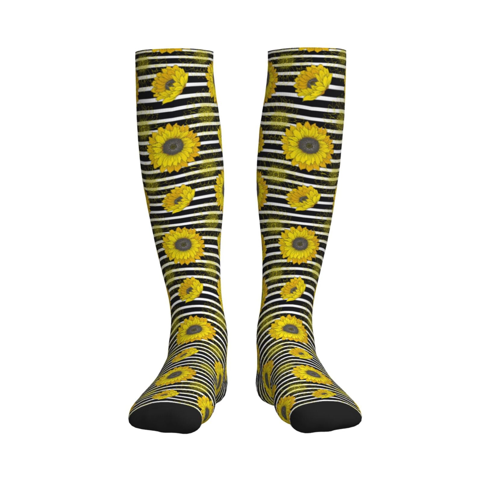 Sikiie Sunflowers On Black And White Stripes 1 Pairs Compression Socks ...