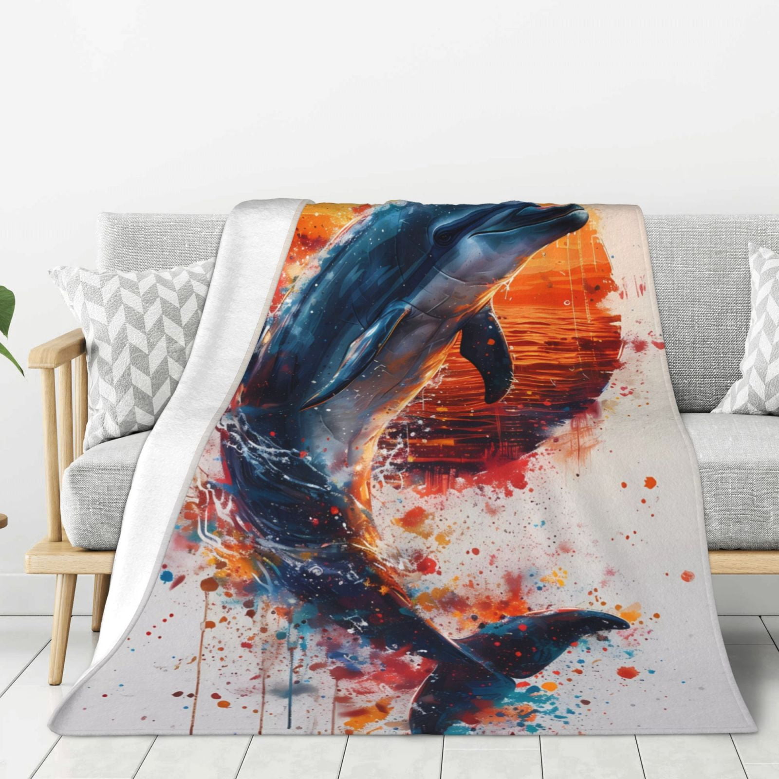 Sikiie Sunset Ocean Watercolor Dolphin Cozy Flannel Fleece Throw ...