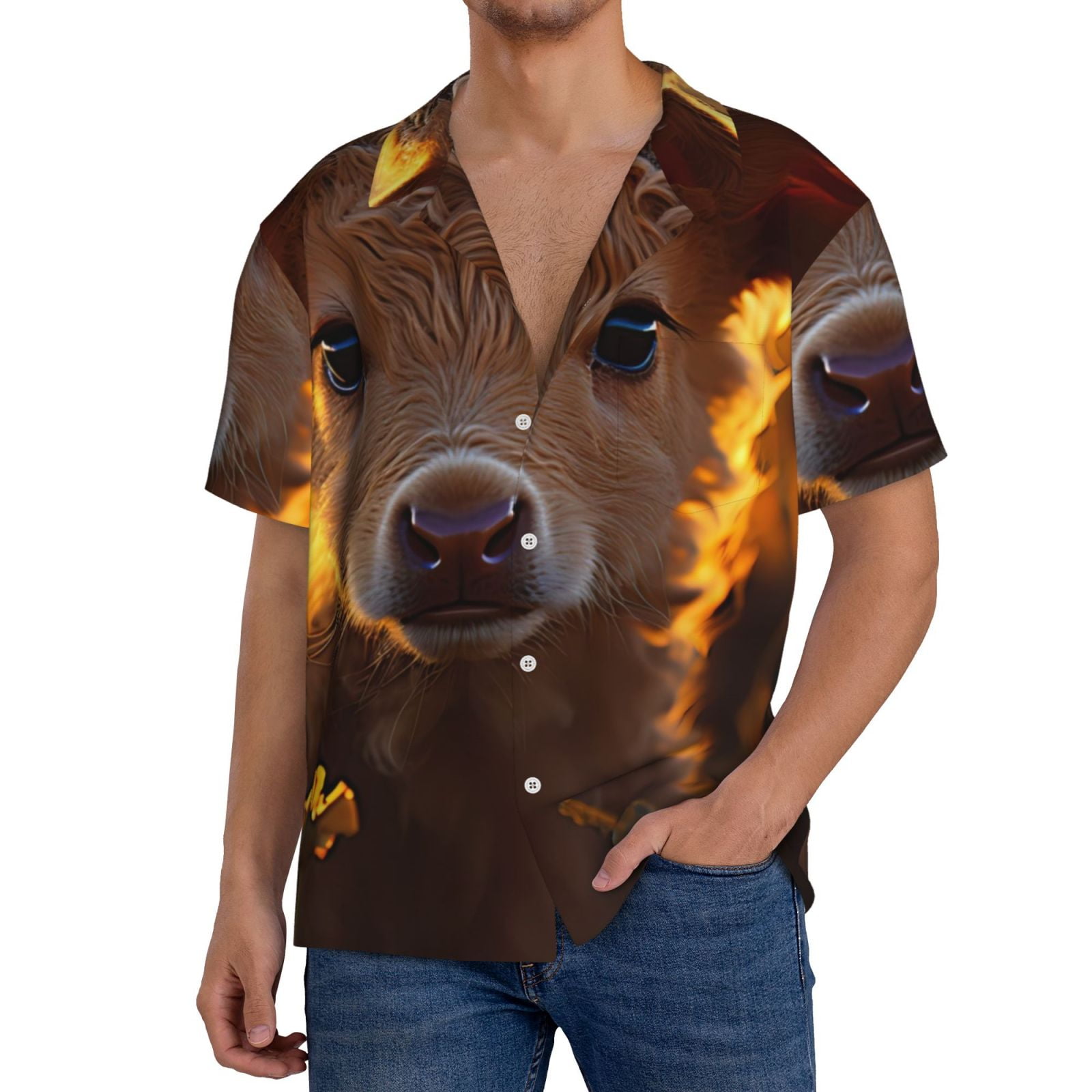 Sikiie Sunset Sunflower Cow Men's Wrinkle Free Untucked Cuban Shirt ...