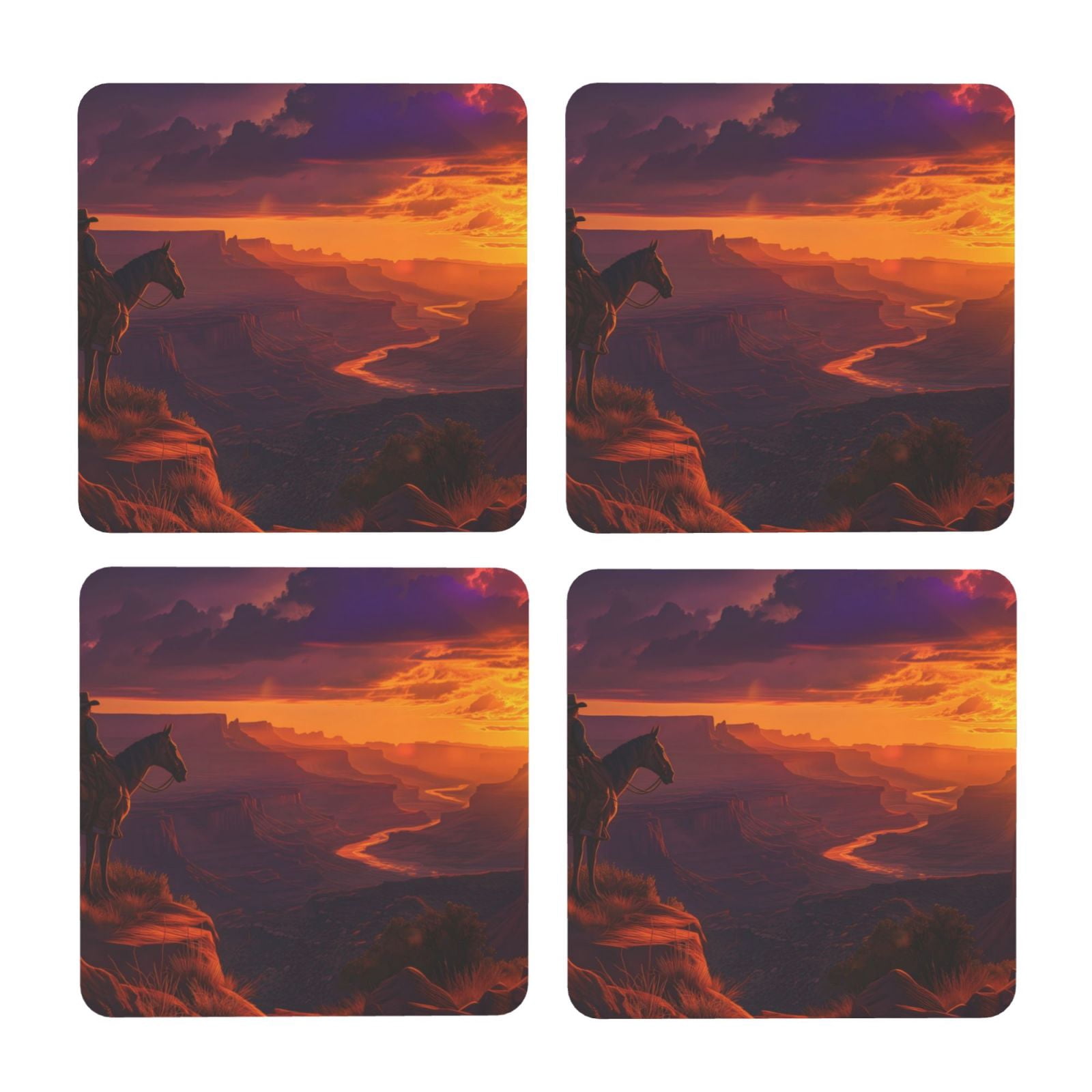 Sikiie Sunset Valley Western Cowboy MDF Cork Coaster 4 Pcs - Absorbent ...