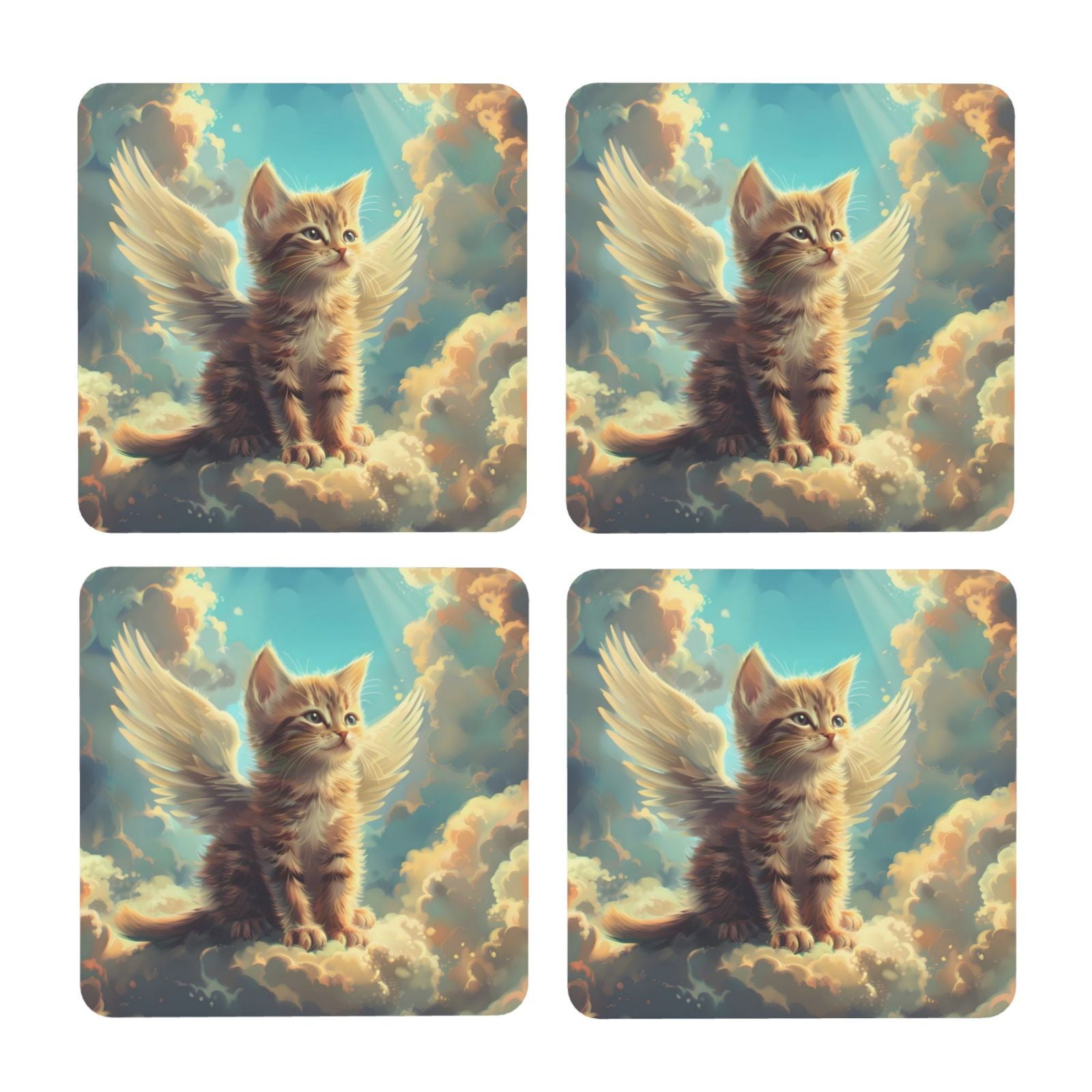 Sikiie Sunshine Cloud Cute Cat MDF Cork Coaster 4 Pcs - Absorbent ...