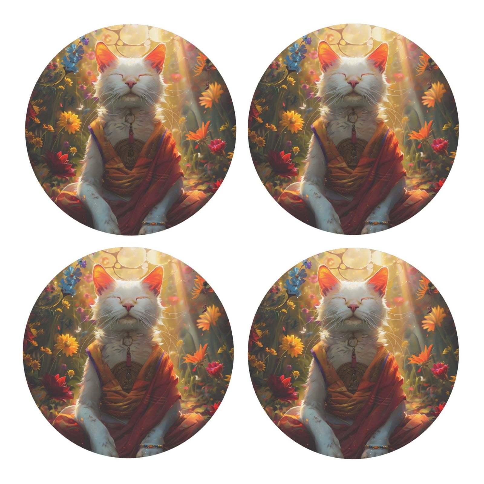 Sikiie Sunshine Flower Meditating Cat MDF Cork Coaster 4 Pcs ...