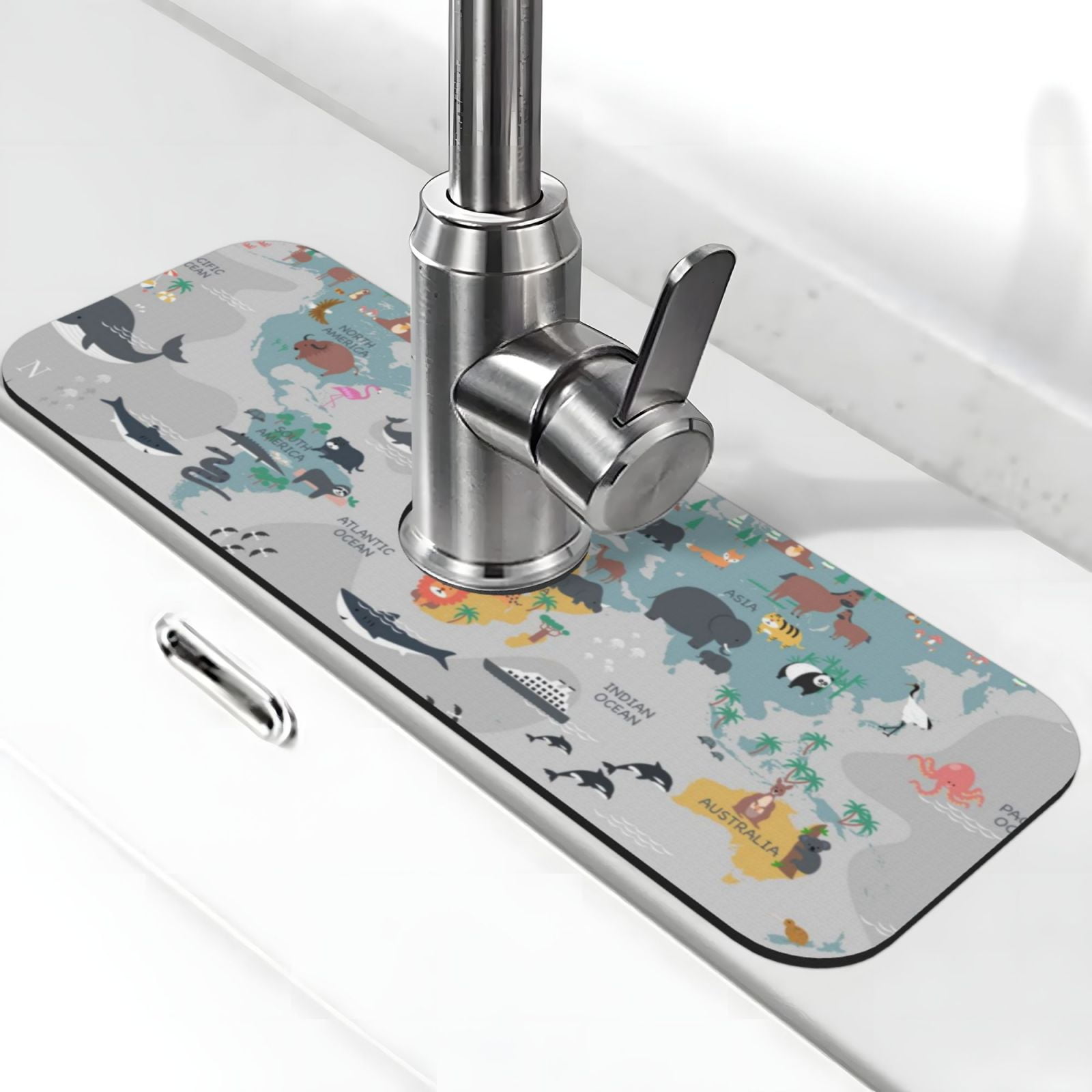 Sikiie The World Map with Cartoon Animals Splash Guard for Sink Faucet ...