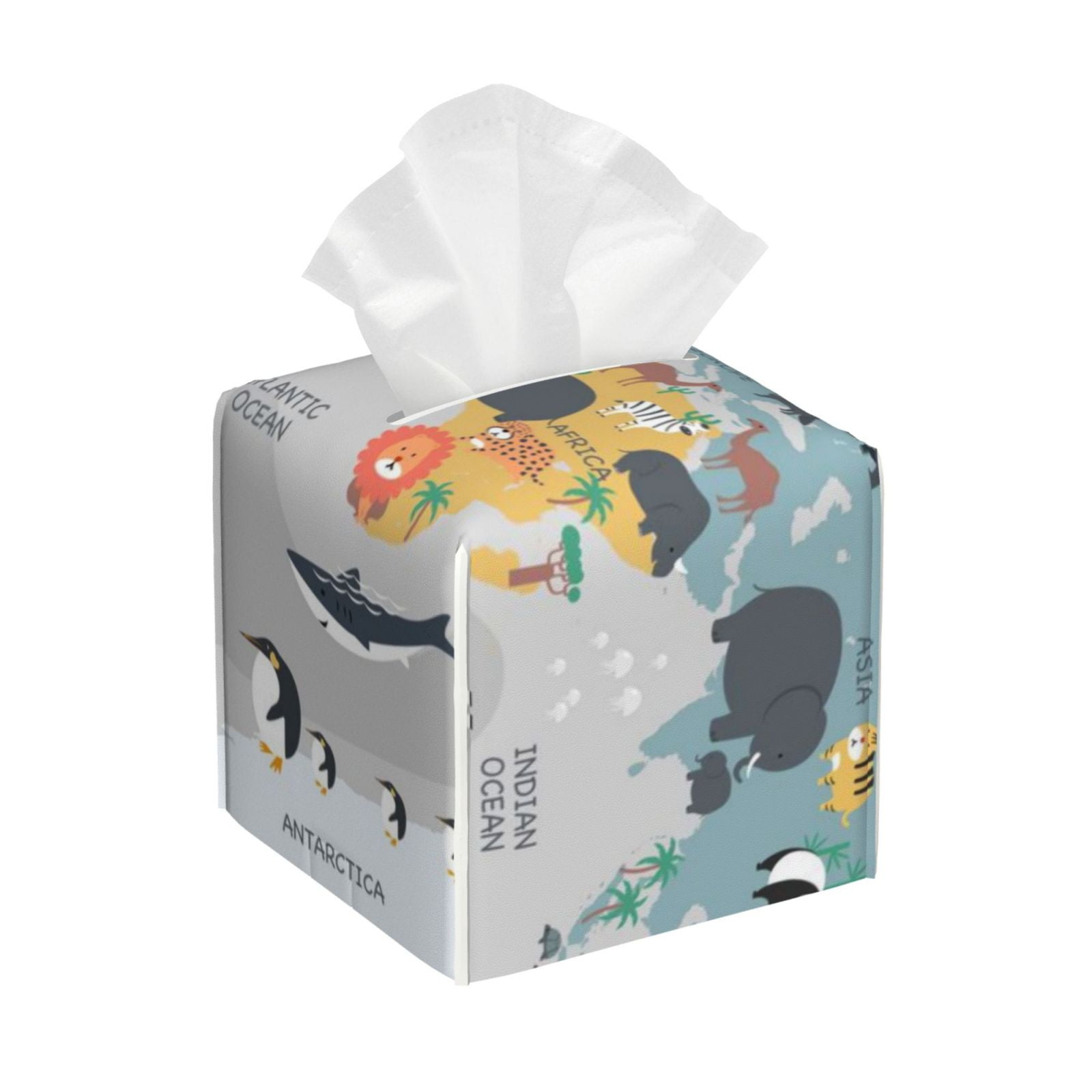 Sikiie The World Map with Cartoon Animals Leather Tissue Box Cover ...
