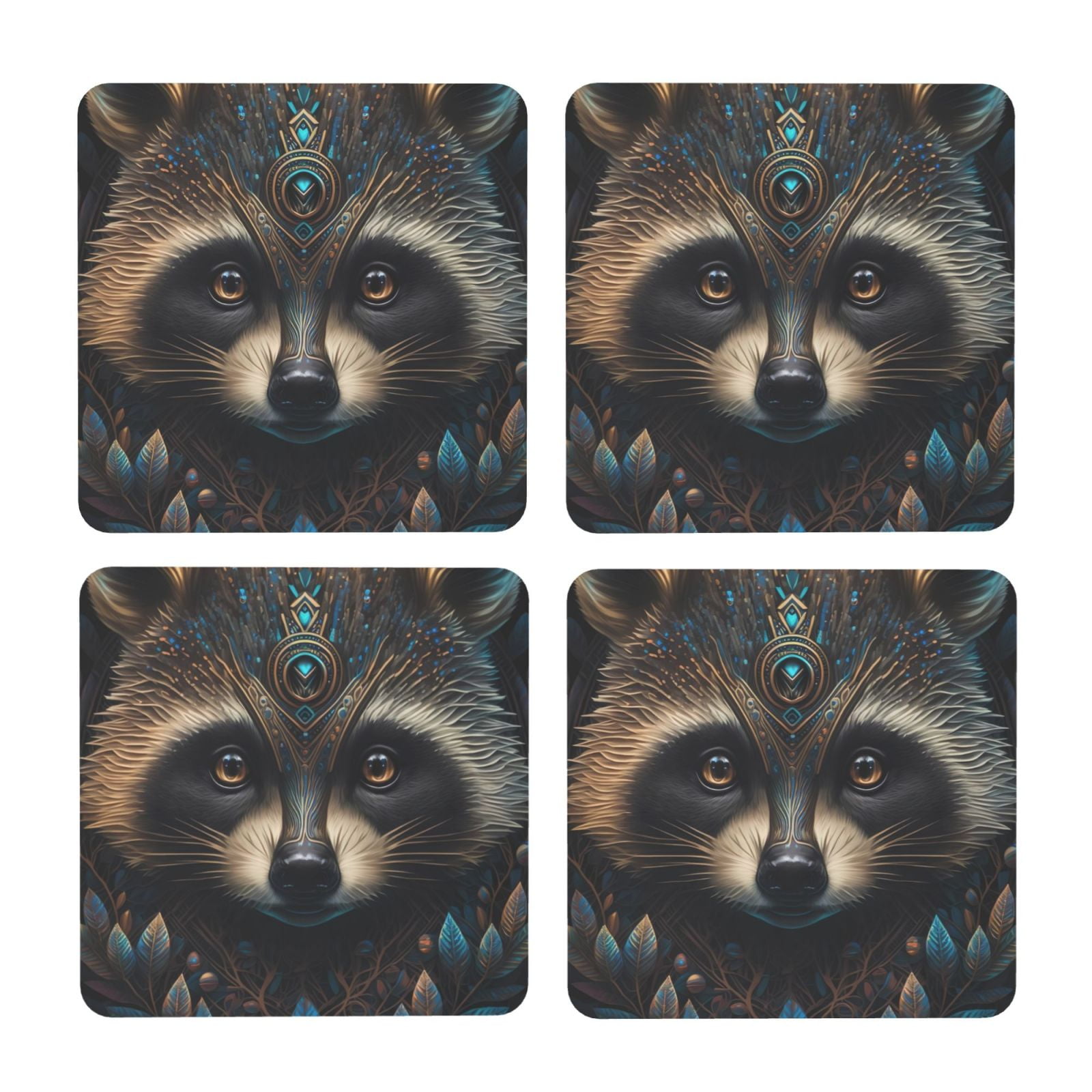 Sikiie Tribal Style Raccoon MDF Cork Coaster 4 Pcs - Absorbent Beverage ...