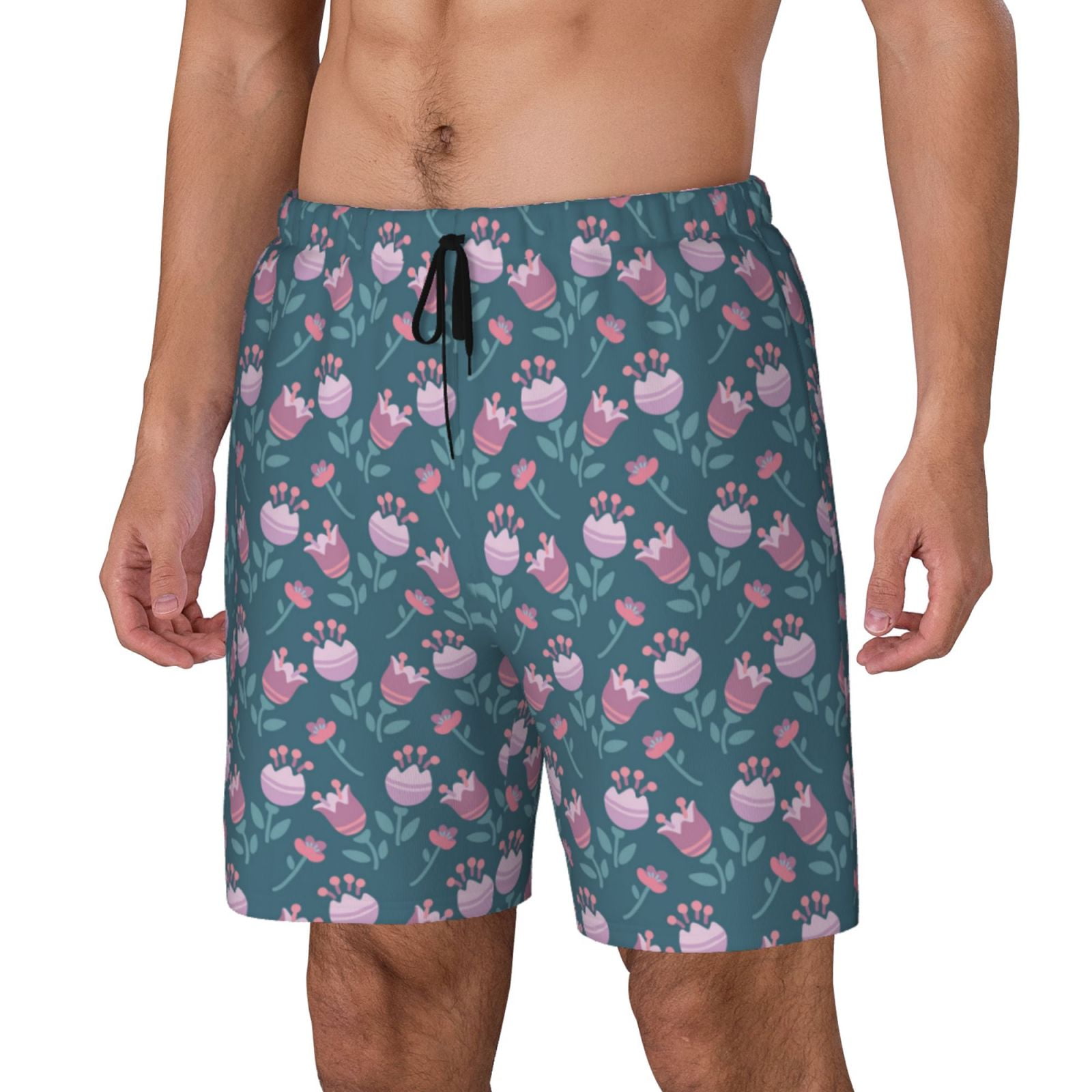 Sikiie Tulips Flowers Print Men's Double Layer Swimming Trunks ...