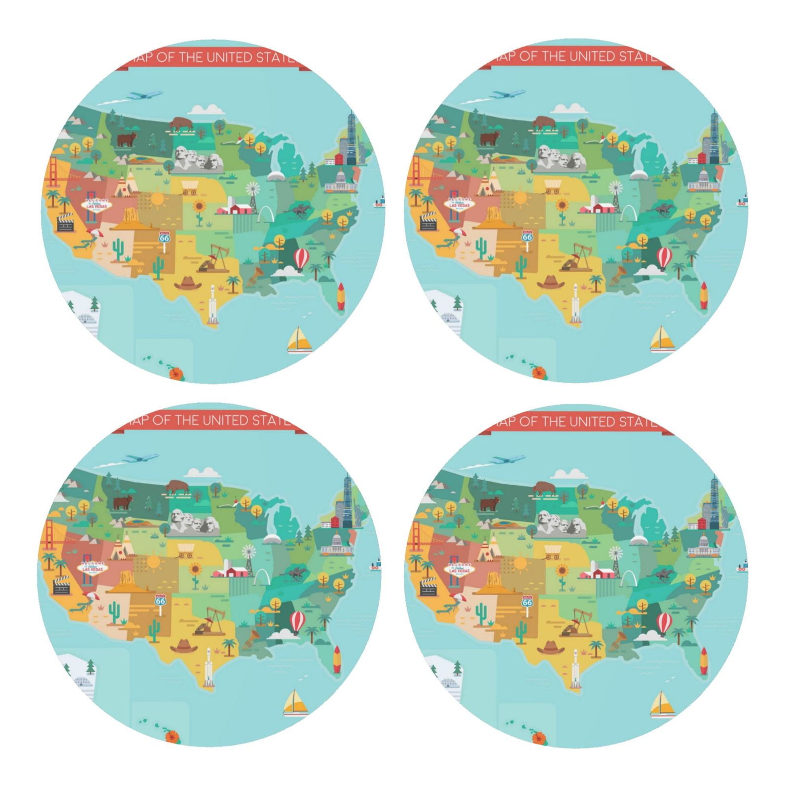 Sikiie USA Tourist Map MDF Cork Coaster 4 Pcs - Absorbent Beverage ...