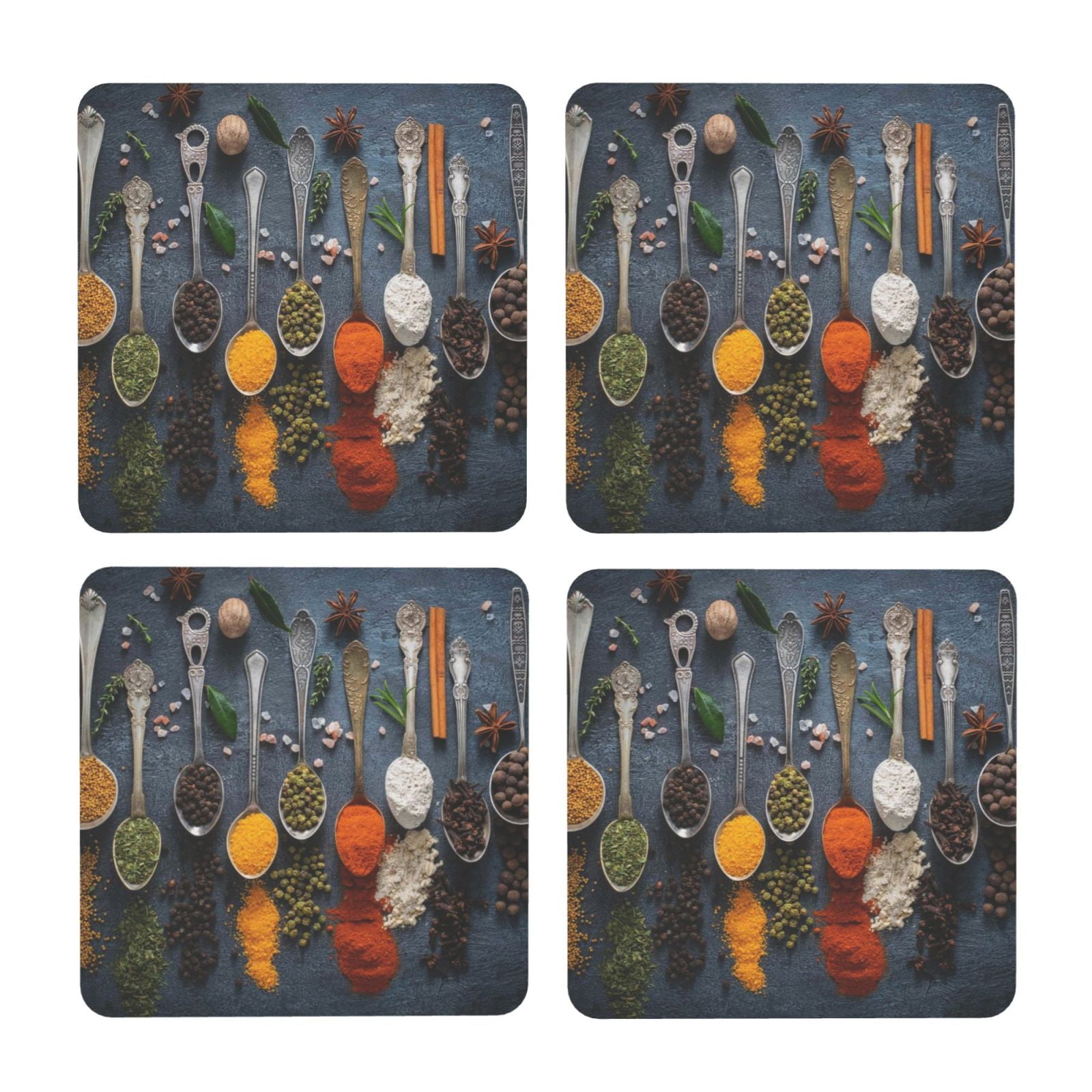 Sikiie Various Herbs And Spices In Spoons MDF Cork Coaster 4 Pcs ...