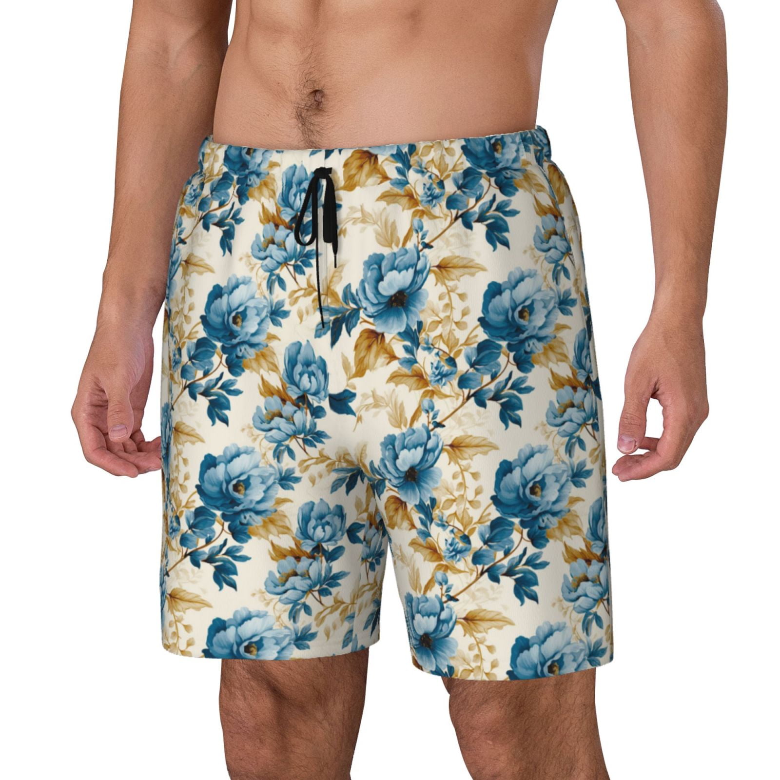 Sikiie Vintage Blue Flowers Print Men's Double Layer Swimming Trunks ...