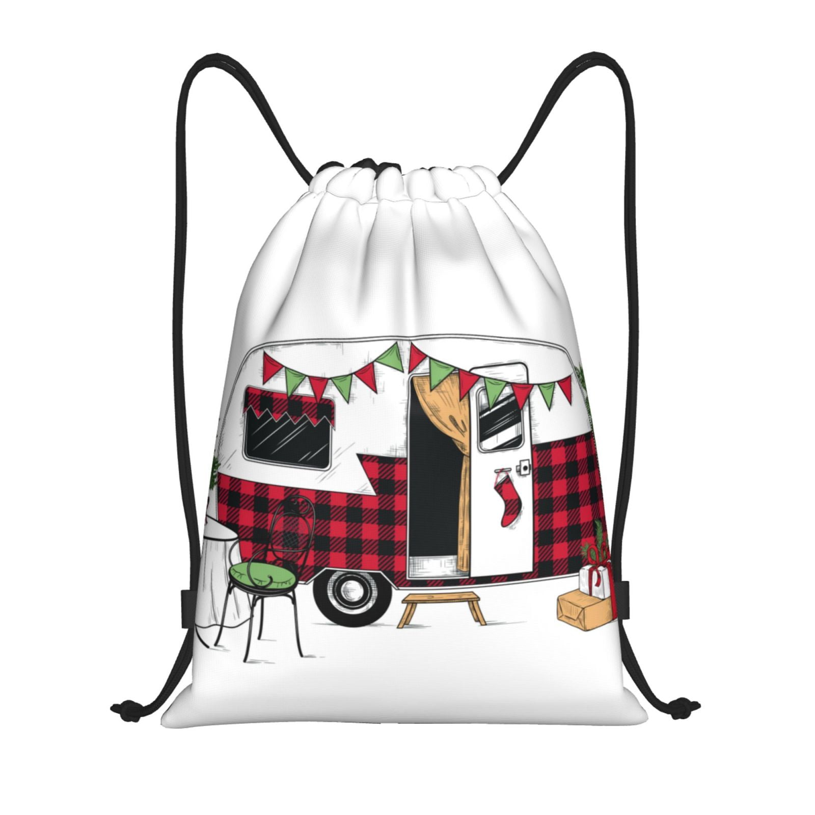 Sikiie Vintage Buffalo Plaid Christmas Camper Drawstring Backpack ...