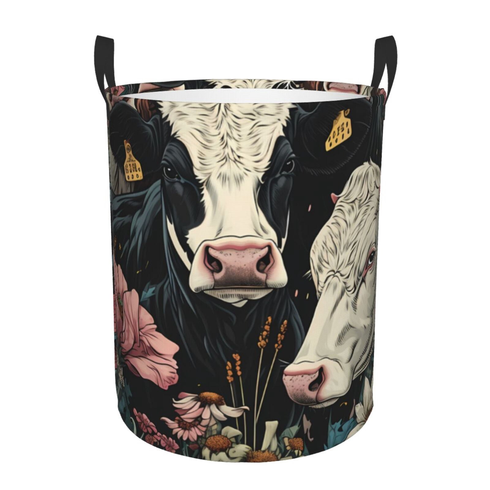 Sikiie Vintage Sunflower Cow Print Round Dirty Clothes Basket ...