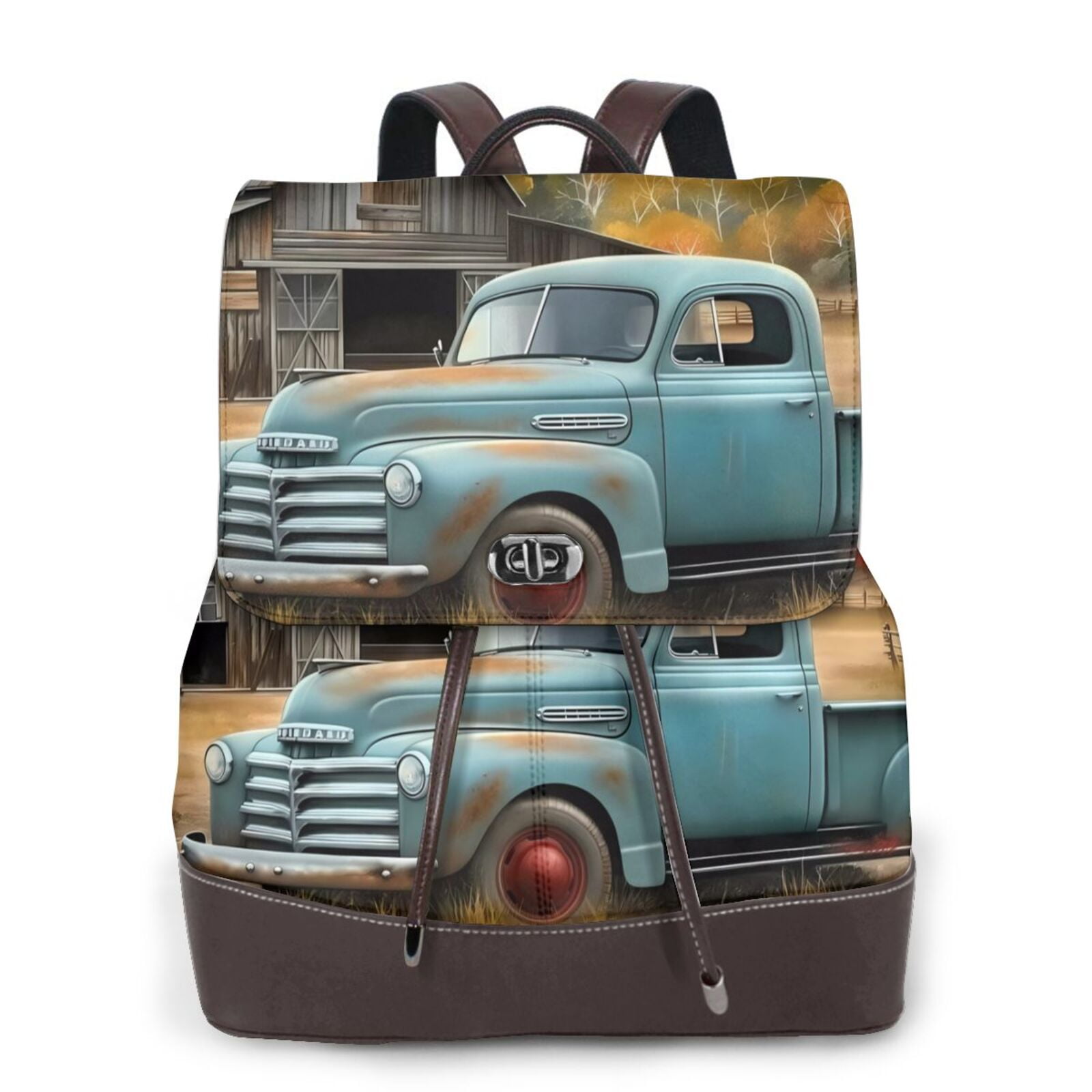 Sikiie Vintage Truck Farm Scene Women Genuine Leather Backpack Fashion ...