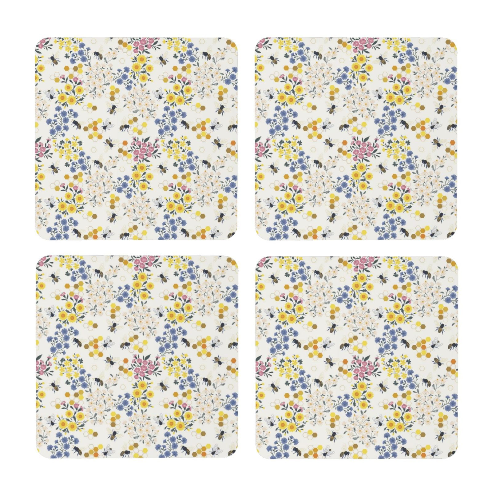 Sikiie Wildflower Honeybee MDF Cork Coaster 4 Pcs - Absorbent Beverage ...