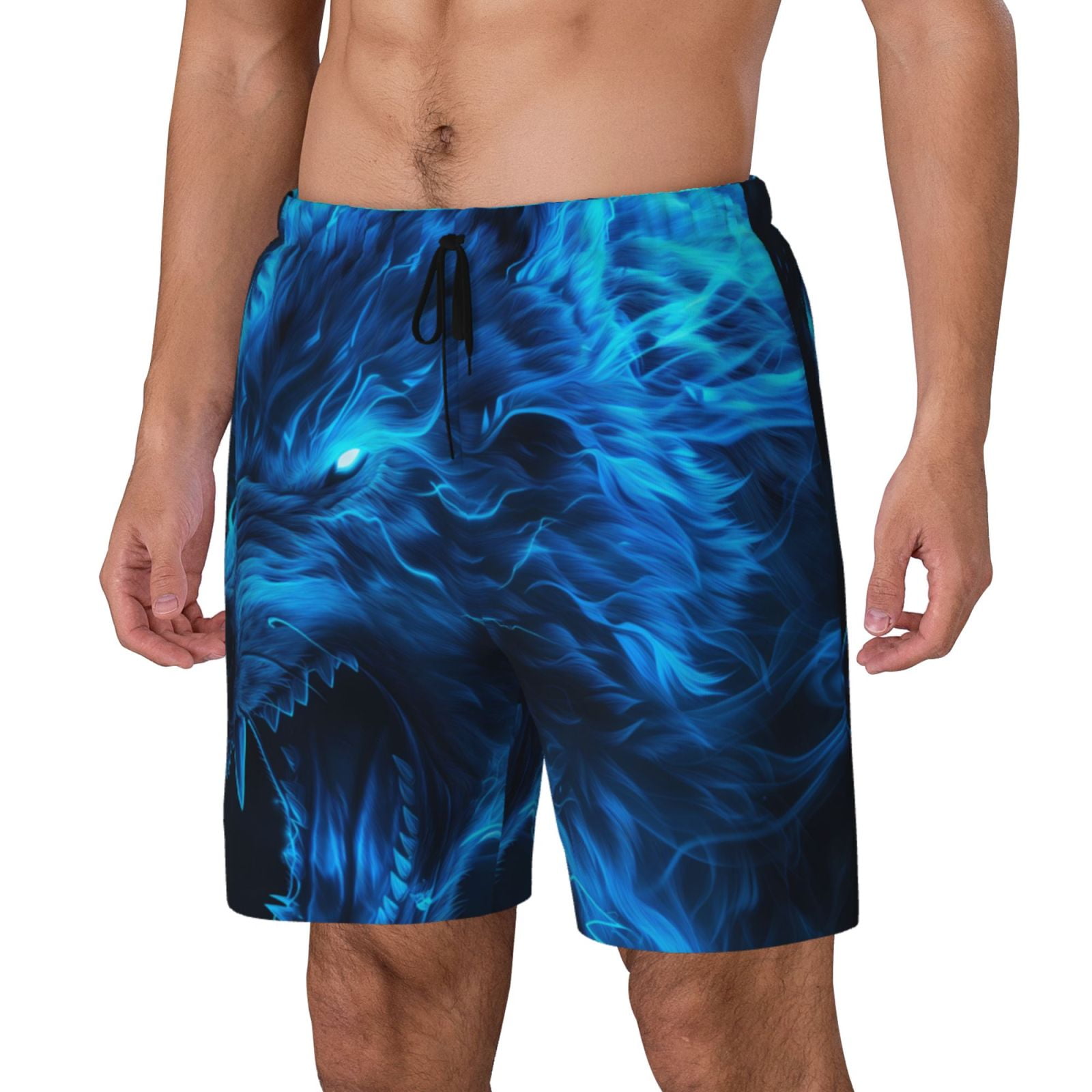Sikiie Wolf Print Men's Double Layer Swimming Trunks, Adjustable ...
