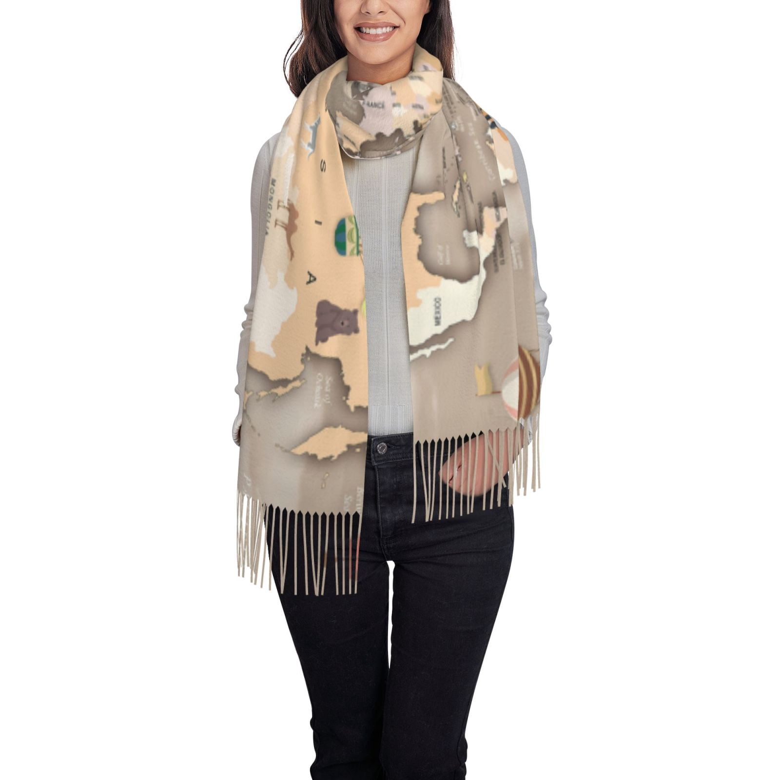 Sikiie World Map With Animals Shawl Wraps Big Scarf Tassel Fall Winter ...