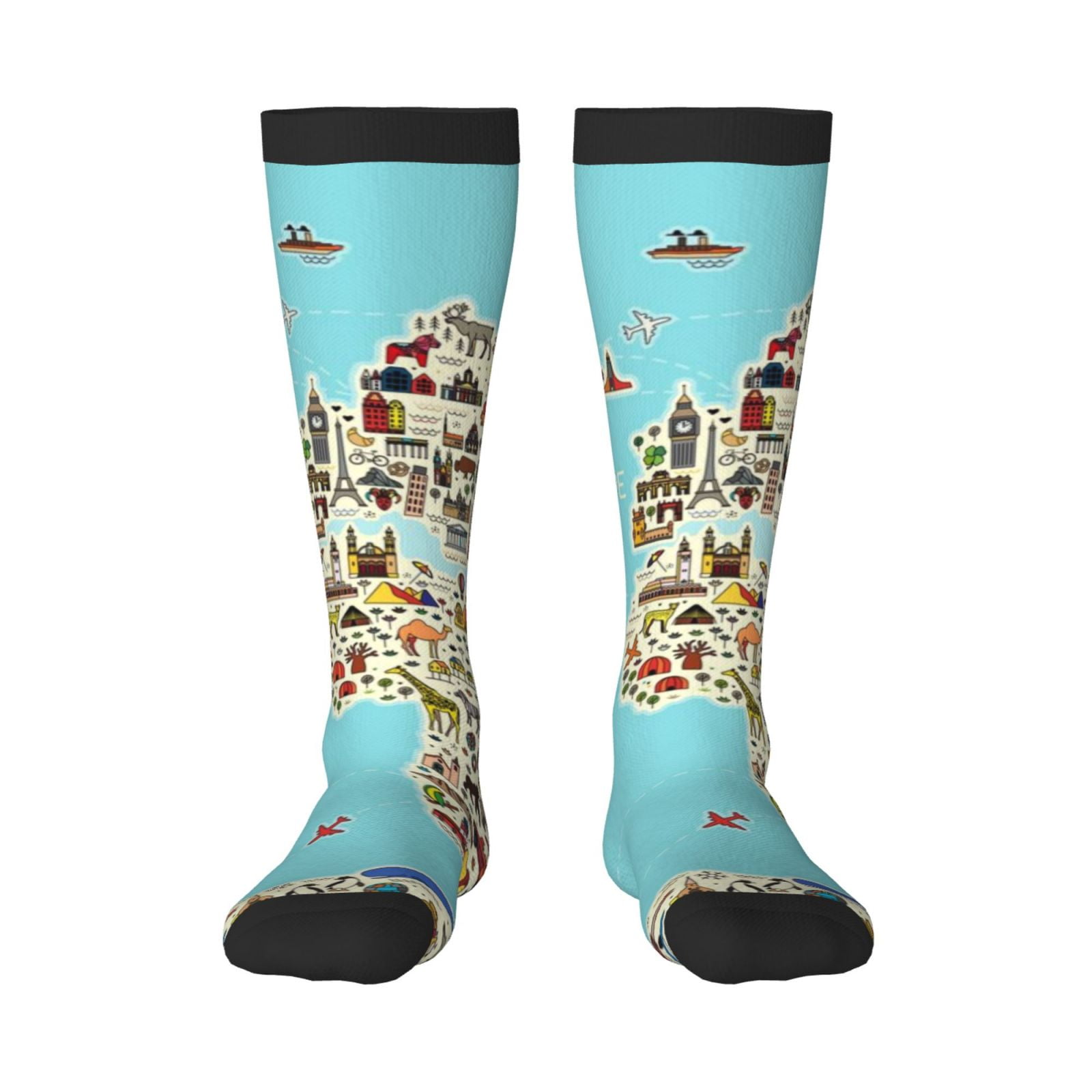 Sikiie World Travel Line Icons Map Knee Socks, High Socks Long Stretchy ...
