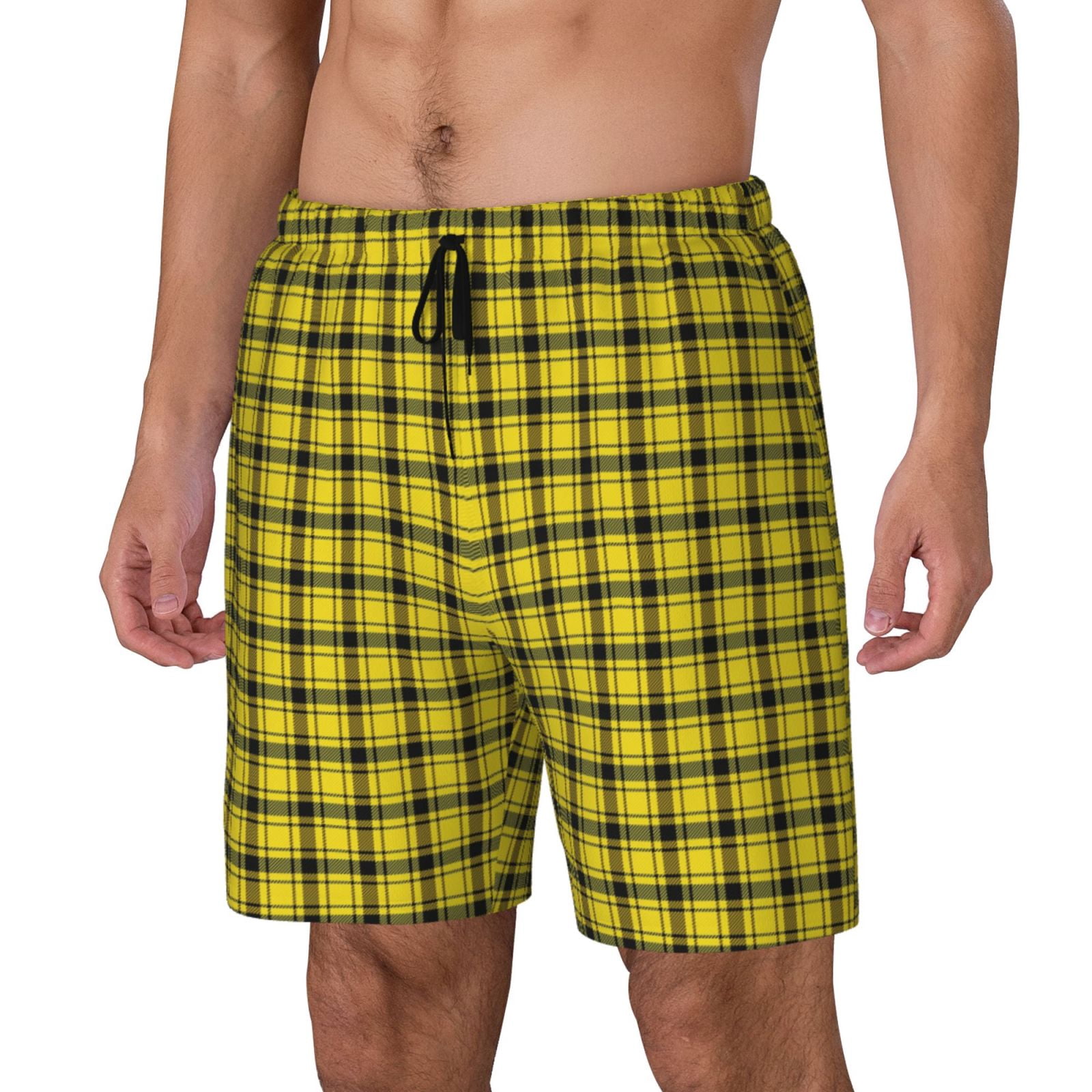 Sikiie Yellow Checkered Plaid Print Men's Double Layer Swimming Trunks ...