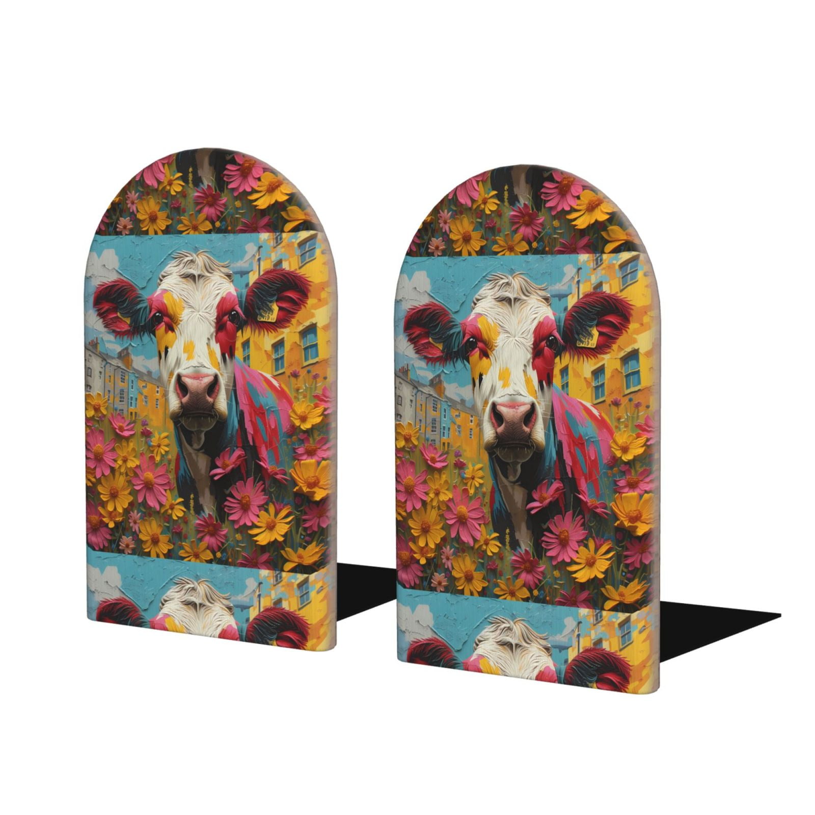 Sikiie Yellow Daisy Cow Bookends 1 Pair, Wood Bookends for Shelves ...