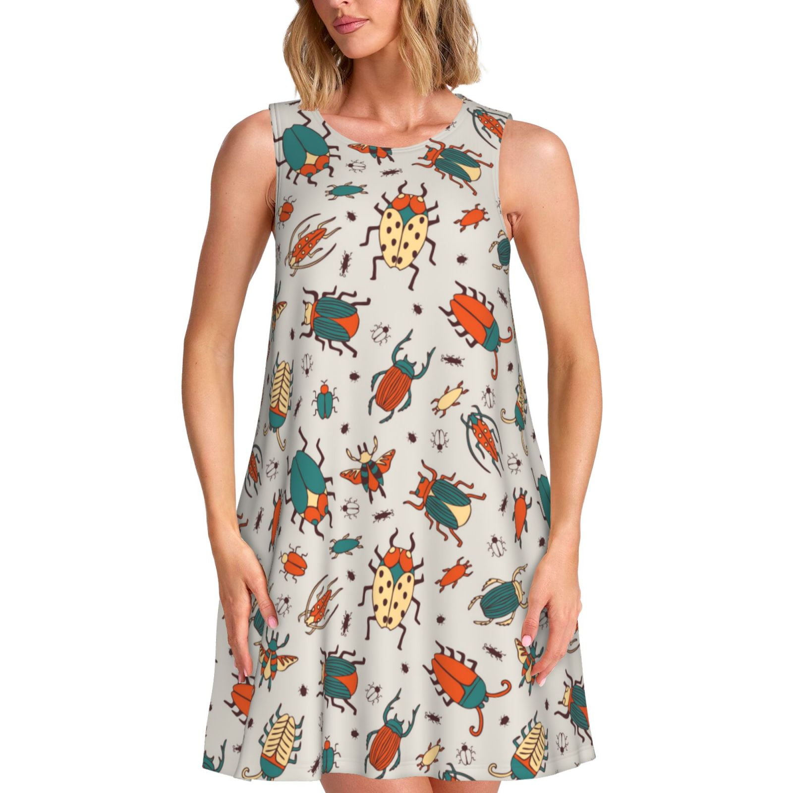Sikiie summer insects Print Women's Sleeveless Dress with Pockets Round ...