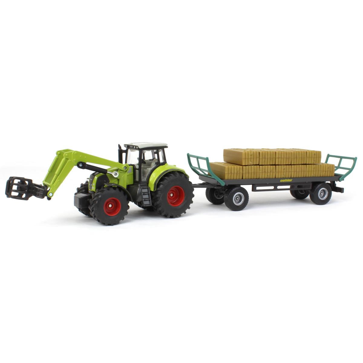 Claas Tractor with Square Bale Grab Green and Oehler Bale Trailer with ...