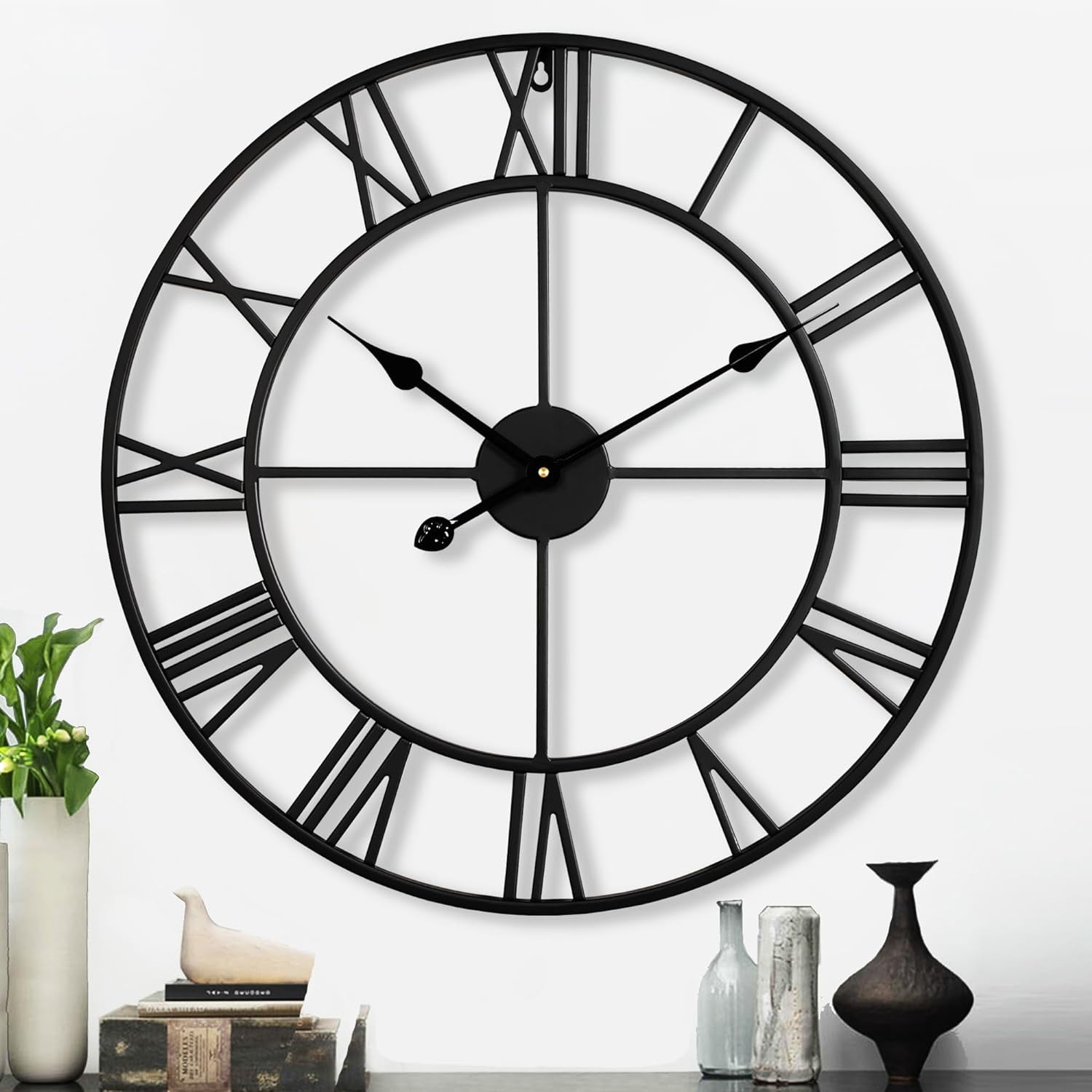 Silent 24 Inch Wall Clocks for Living Room Decor, Large Black Metal ...