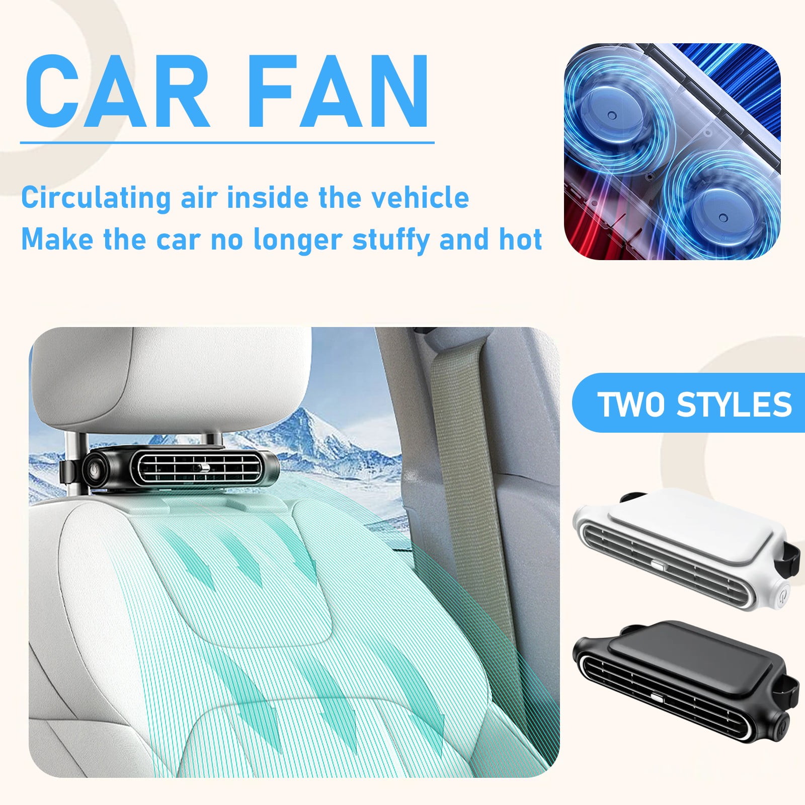 Silent Car Fan for Kids & Pets - Dual Head Adjustable Airflow, Safe ...